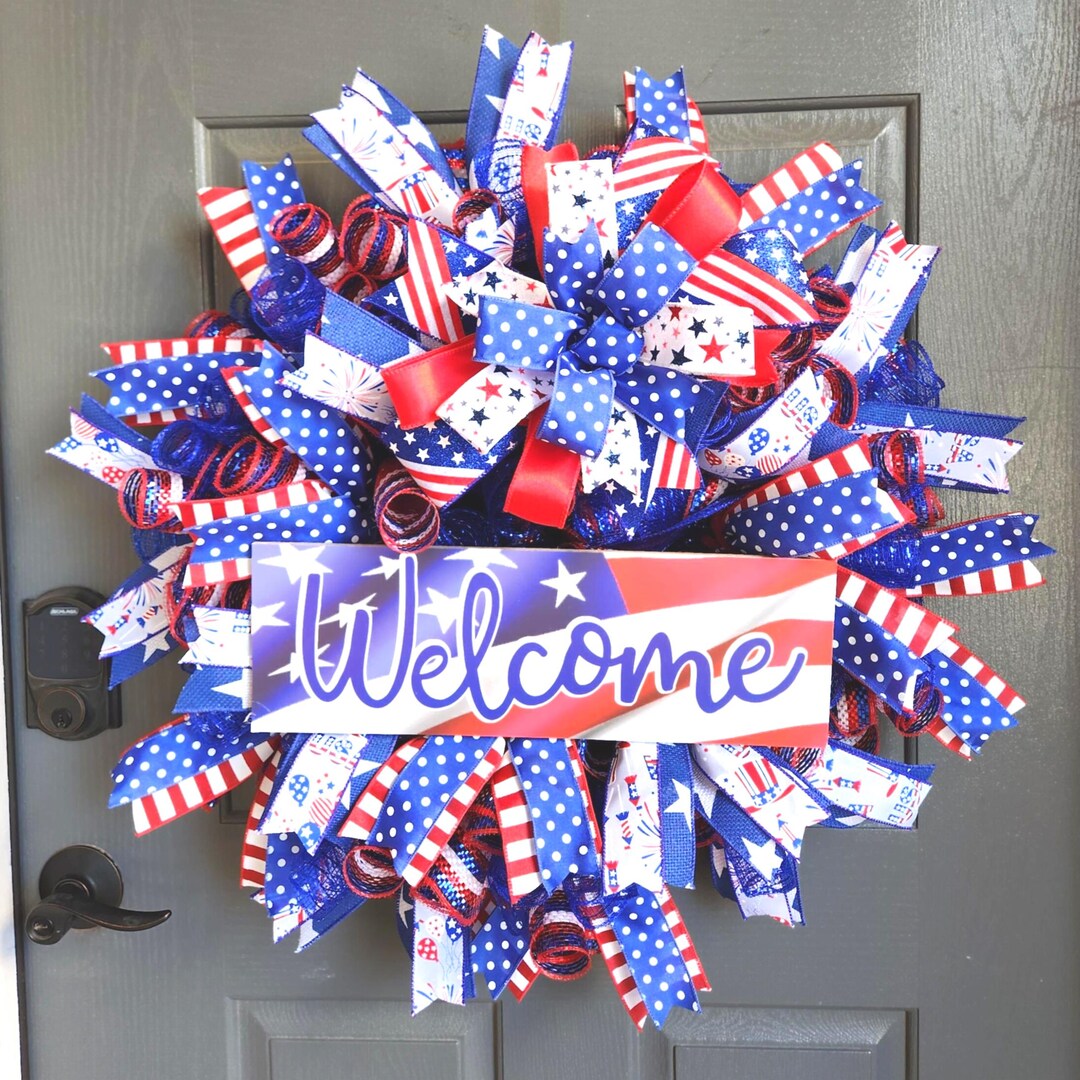 Patriotic Welcome Wreath: Red White Blue Deco Mesh, Americana Decor - Etsy