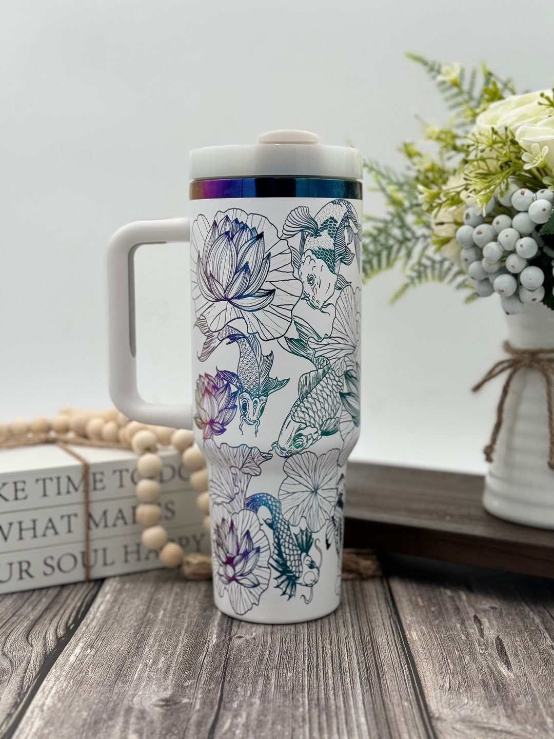 Koi Fish Engraved Tumbler | Cup Holder Friendly Travel Mug | Vacuum ...