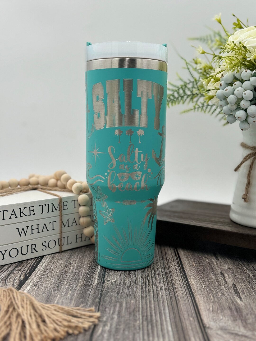 Salty Beach Engraved Tumbler | Cup Holder Friendly Travel Mug | Vacuum ...