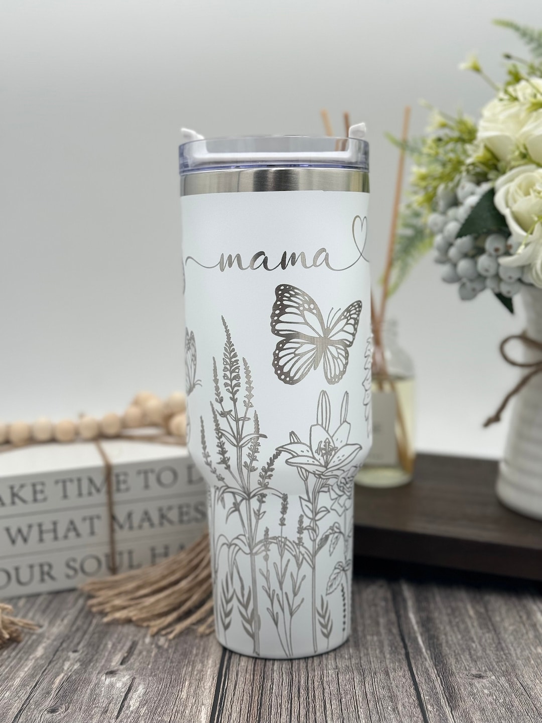 Butterfly Engraved 40oz Tumbler With Handle | Flower Gift for Mom ...