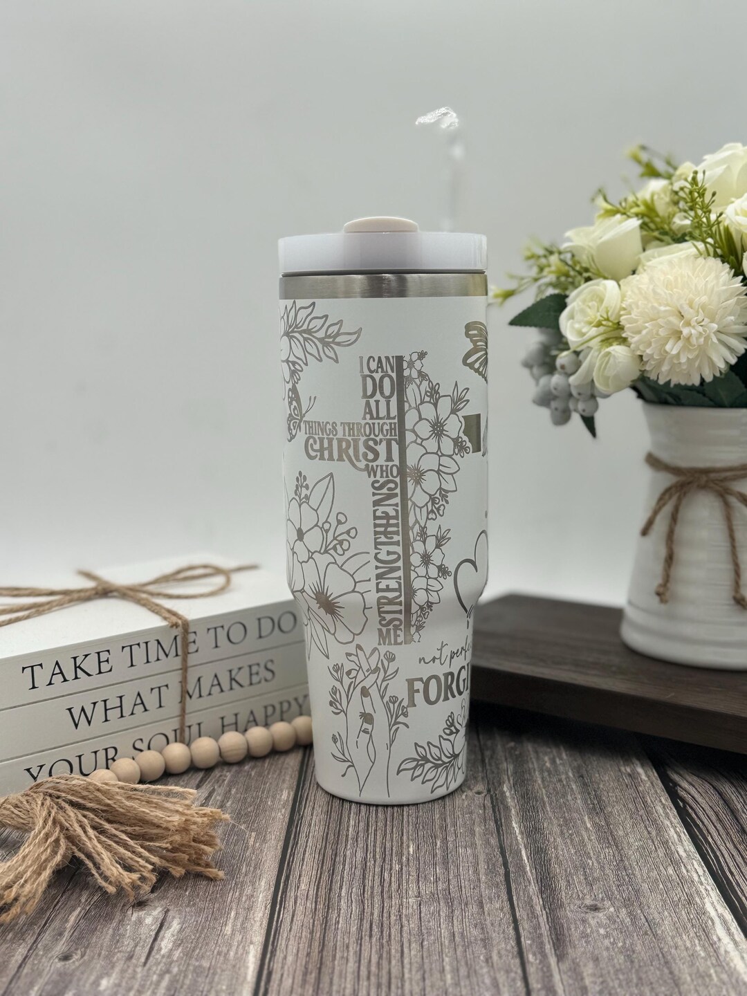 Religious Engraved Bible Tumbler | Handle and Straw | Cup Holder ...