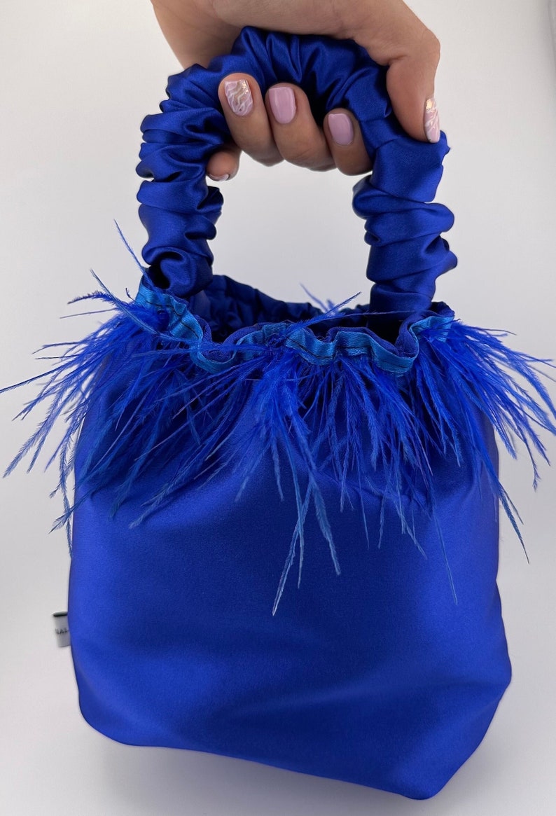 Royal Blue Feather Scrunchie Bag: Handmade Satin Evening Clutch - Etsy