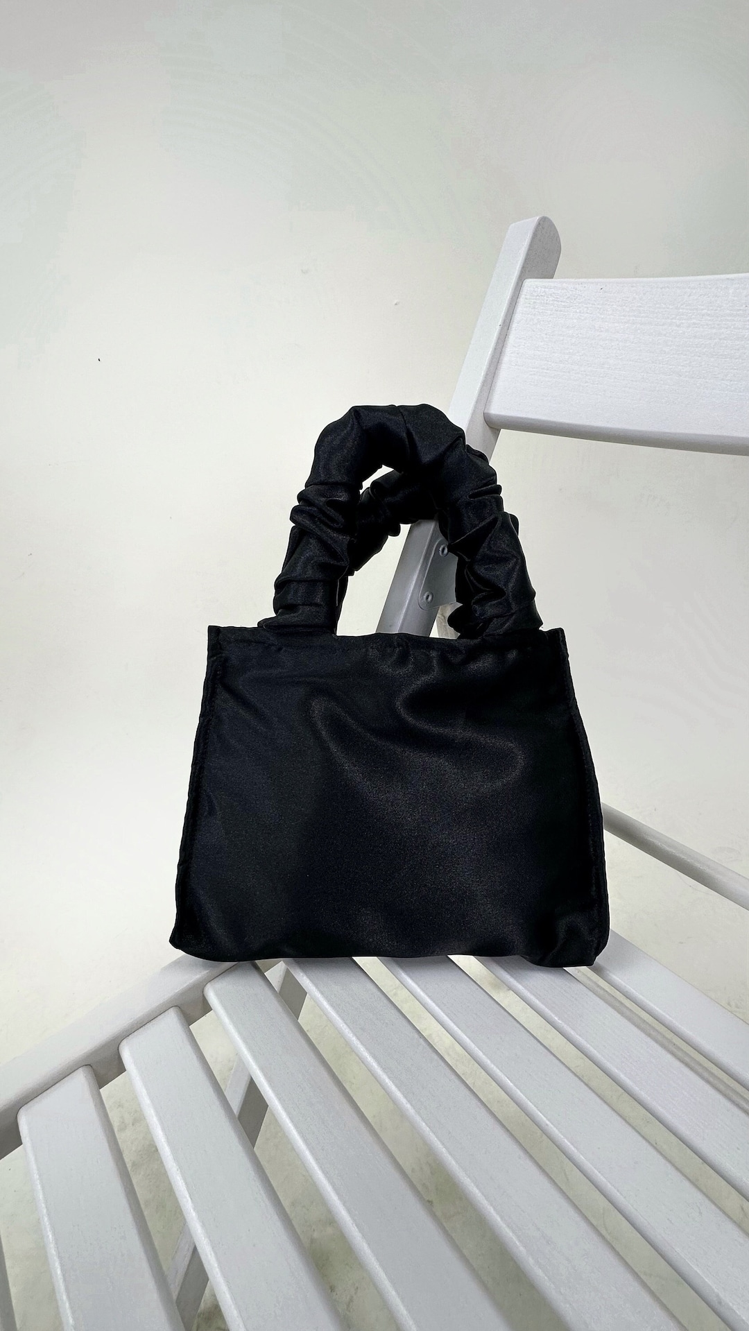 Black Satin Tote Bag, Tote Scrunchie Bag, Small Handbag, Black Clutch ...