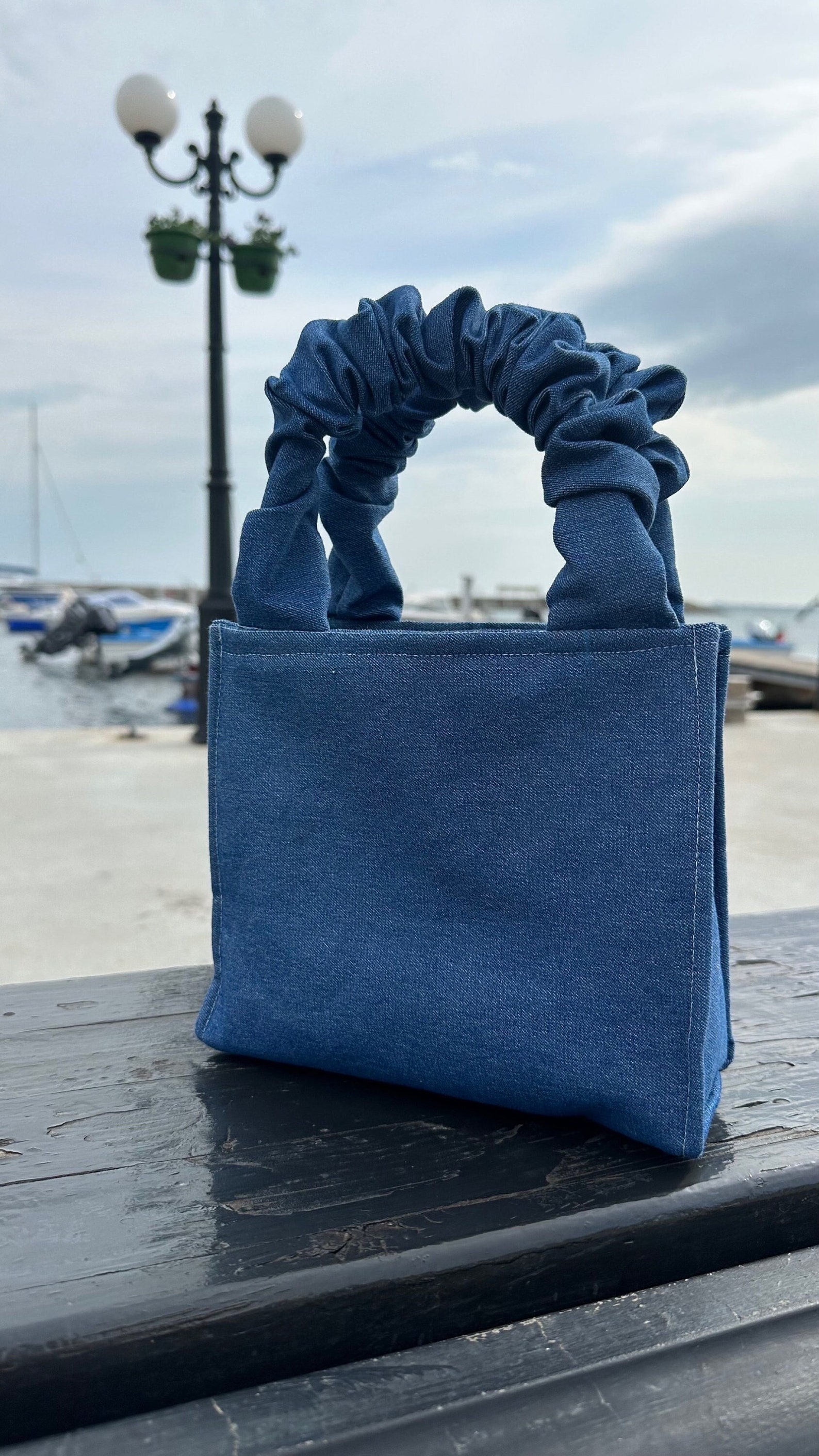 Denim Tote Bag, Light Denim Handbag, Tote Scrunchie Bag, Light Denim ...