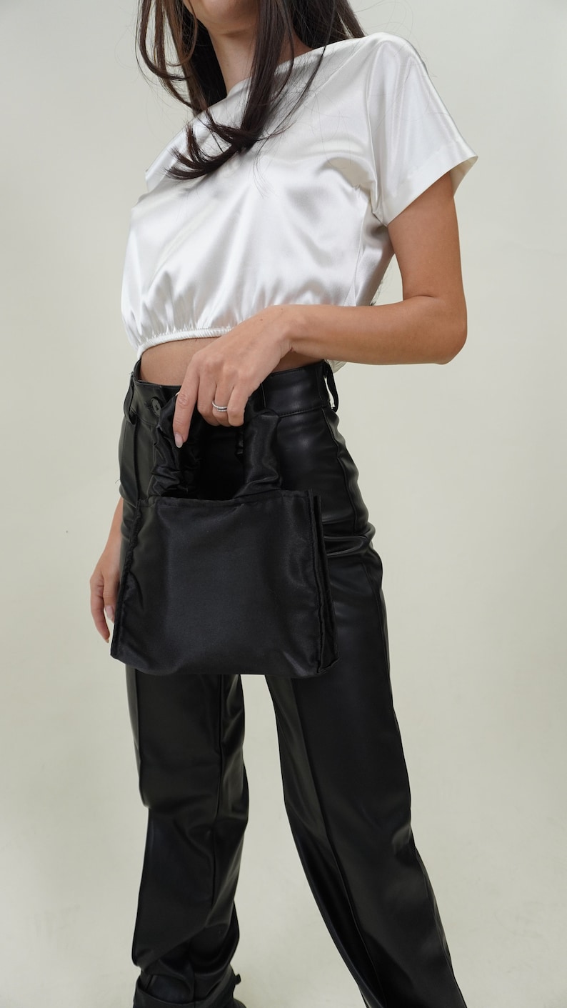 Black Satin Tote Bag, Tote Scrunchie Bag, Small Handbag, Black Clutch ...