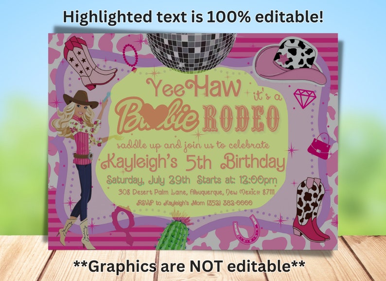 Barb Doll Cowgirl Invitation, Summer Doll Birthday Party, Hot Pink ...