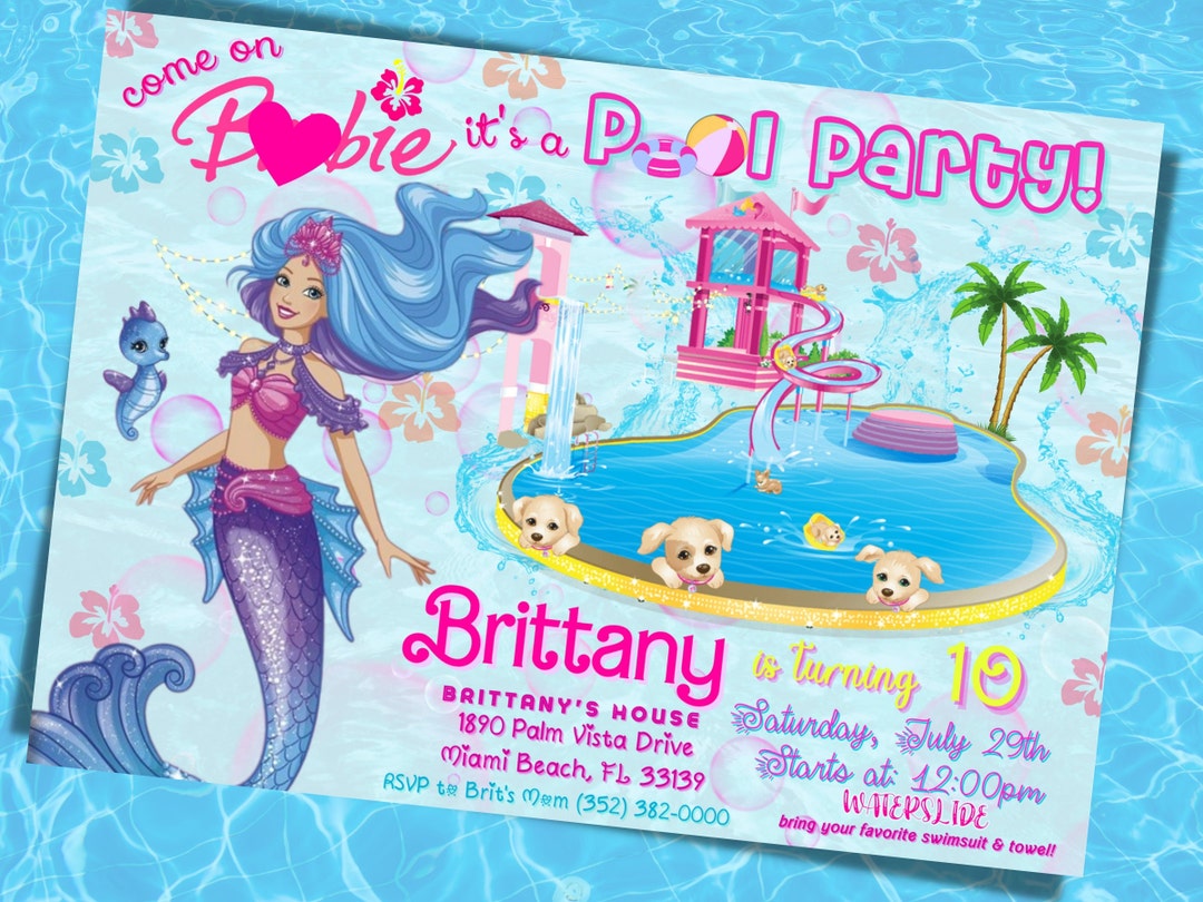 Barb Doll Mermaid Invitation, Pool Party Summer Birthday Party ...