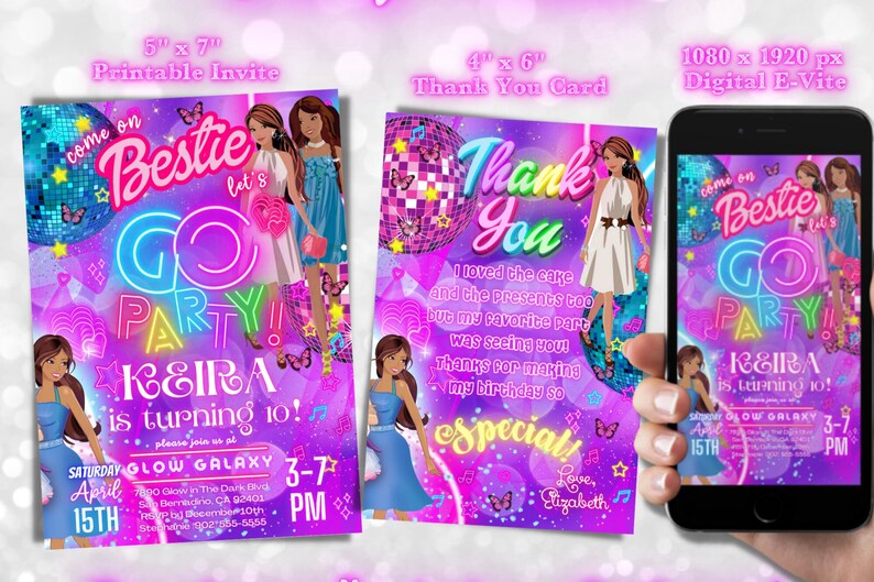 LET'S GO PARTY Bundle, Princess Doll Birthday Rainbow Invitation, Girls ...