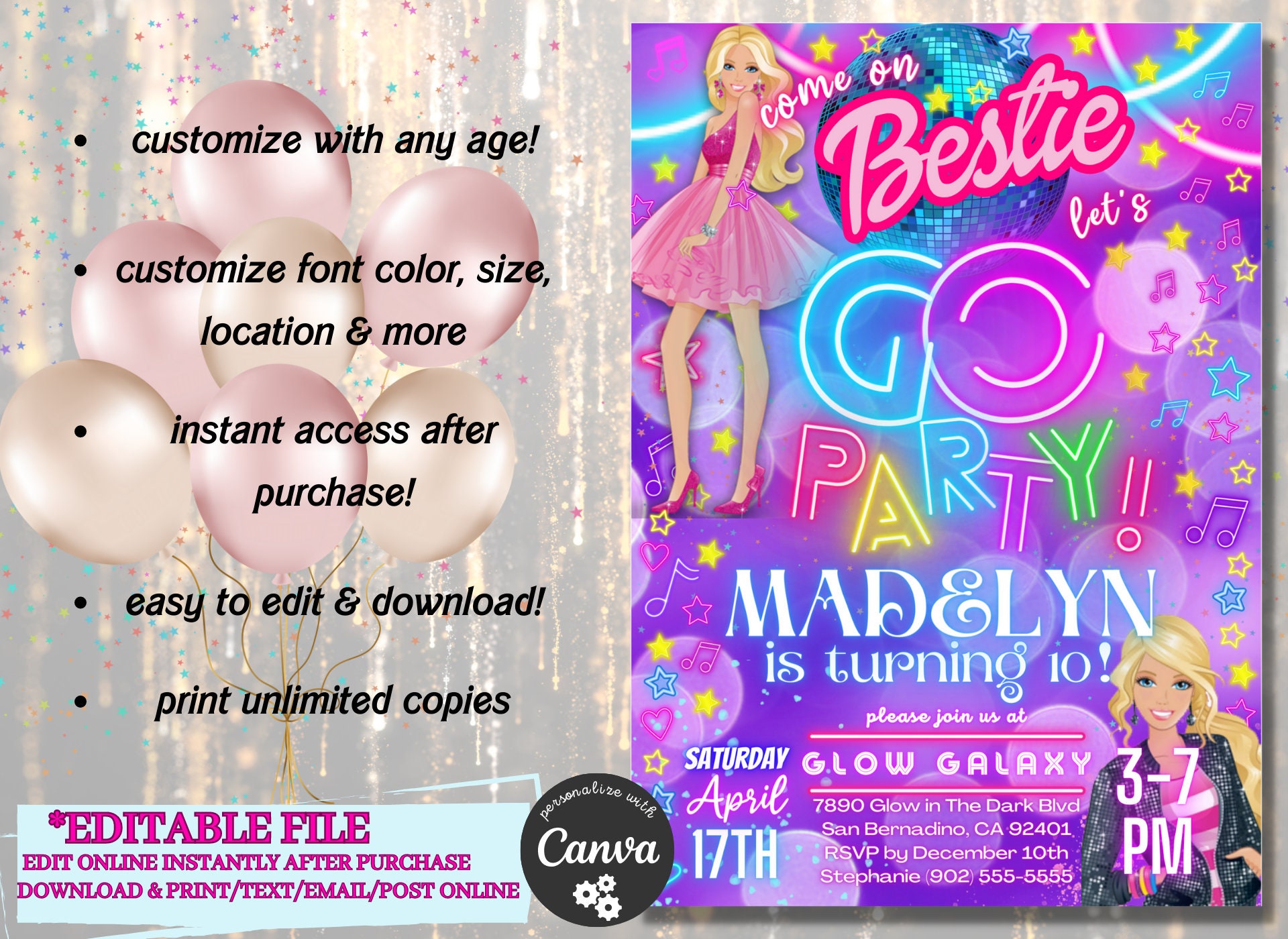 Princess Doll Birthday Party Rainbow Glow Invitation, Girls, Doll ...