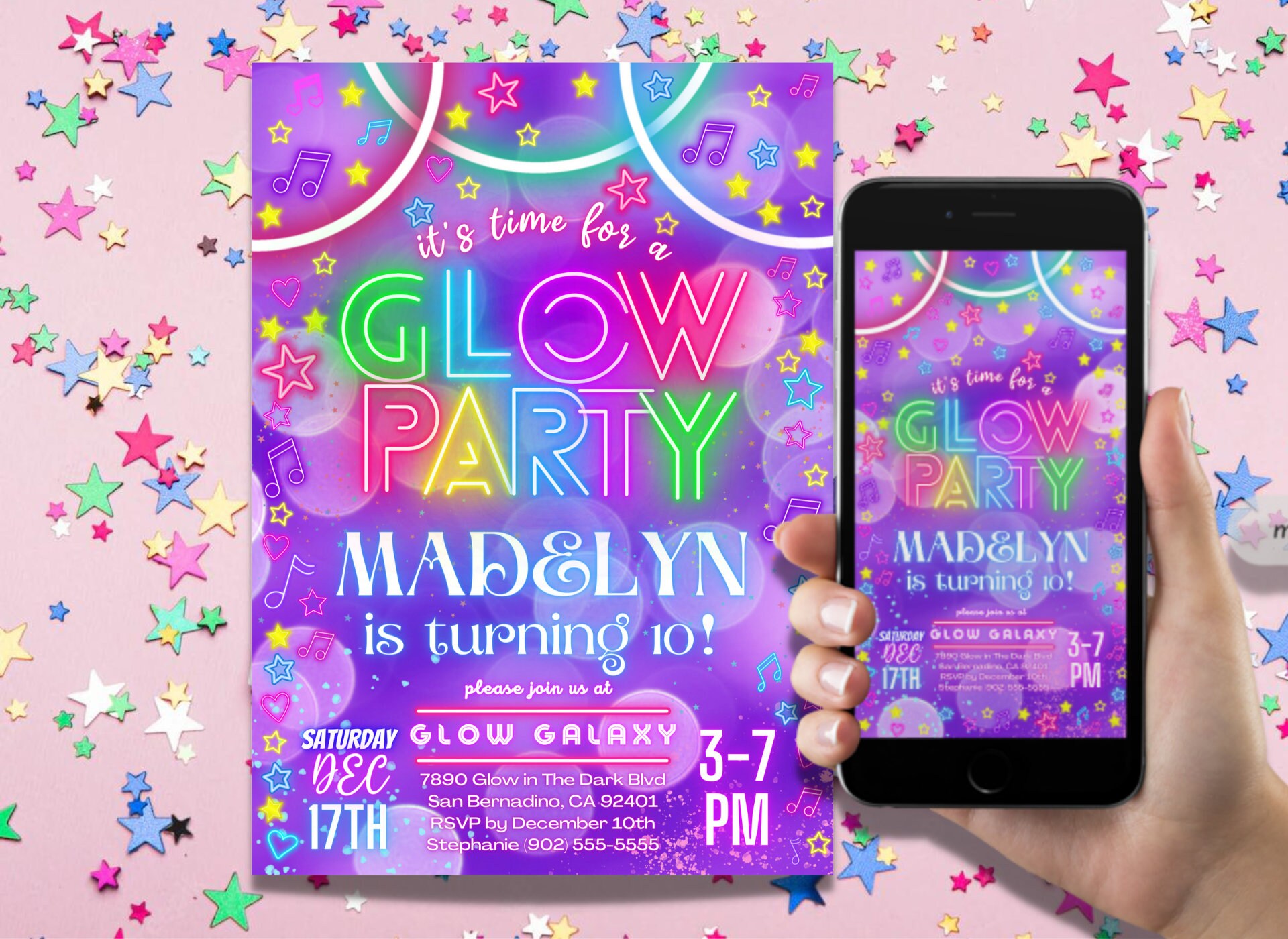 Purple Glow in the Dark Party Invitation Neon Birthday Kids Colorful ...