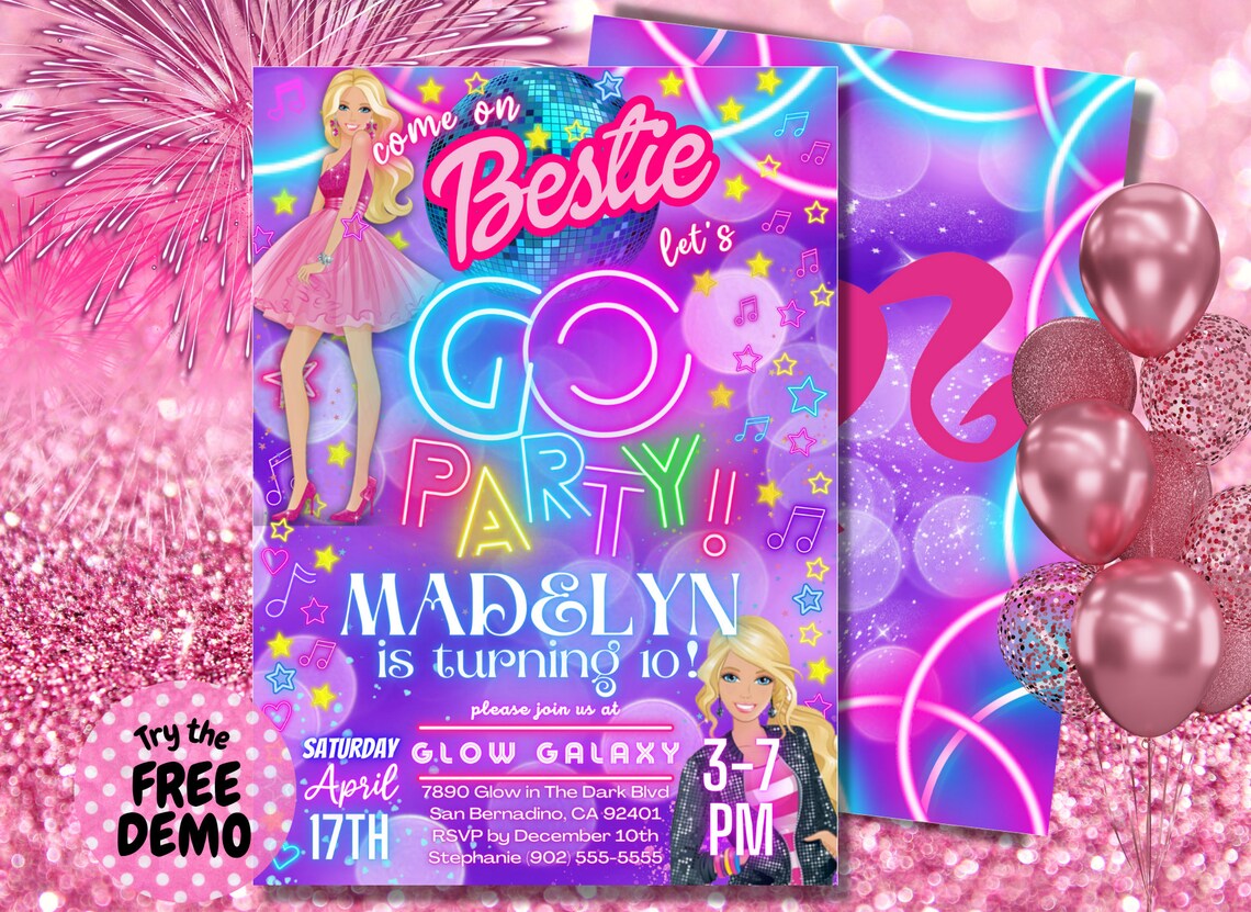 Princess Doll Birthday Party Rainbow Glow Invitation, Girls, Doll ...