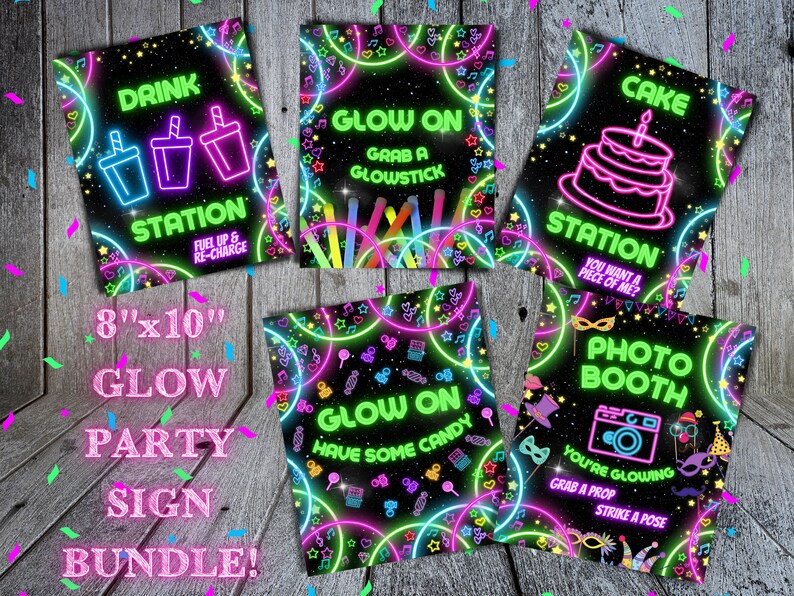 GLOW Party Sign Bundle, Photo Booth, Drink Station, Cake Station, Candy ...