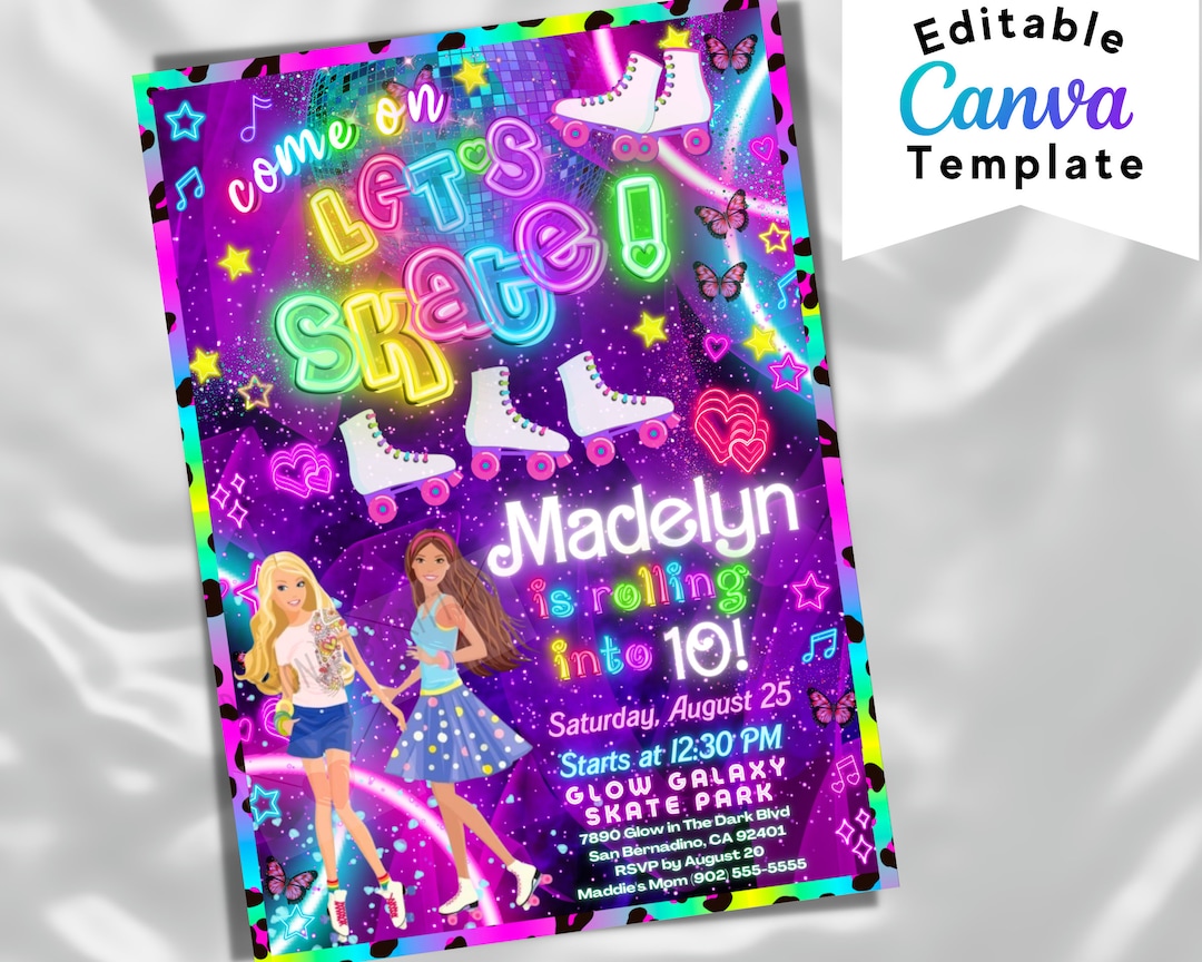 Barb Doll Roller Skate Invitation, Neon Barb Birthday, Digital Barb ...
