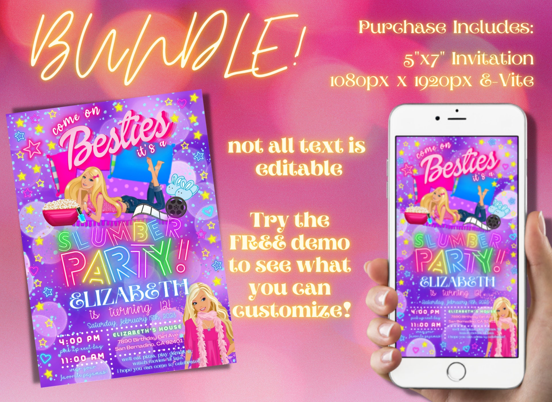 Doll Sleepover Slumber Party Invitation, Girls, Princess Rainbow Glow ...