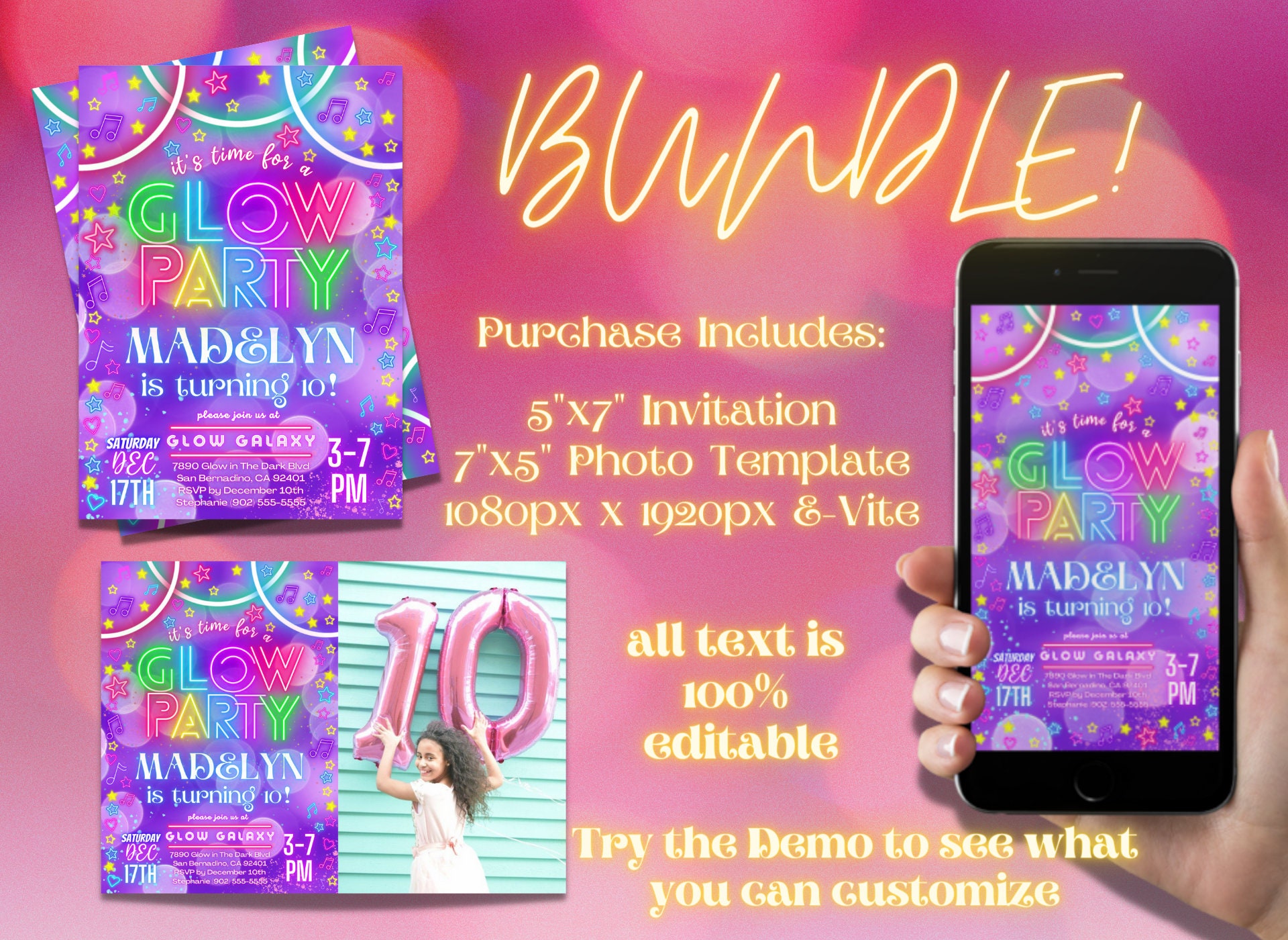 Purple Glow in the Dark Party Invitation Neon Birthday Kids Colorful ...