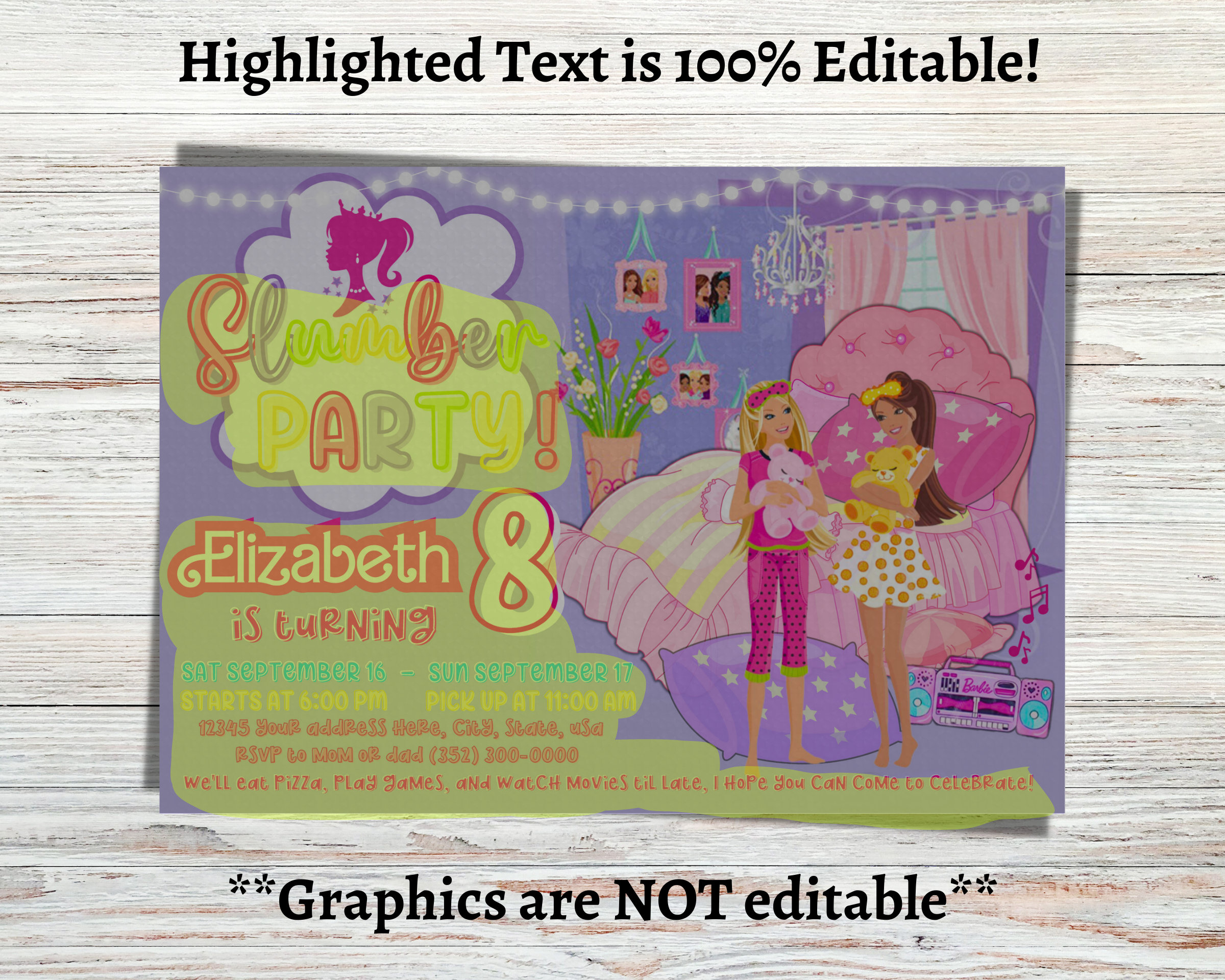 Barb Doll Slumber Party Invitation, Barb Doll Princess Sleepover Pajama ...