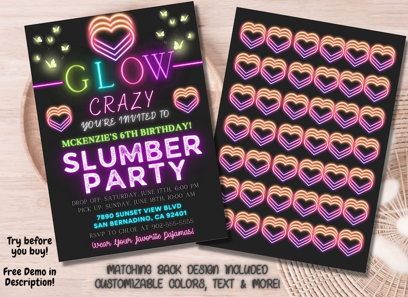 Girls Sleepover Birthday Party Invitation Glow Party Editable - Etsy