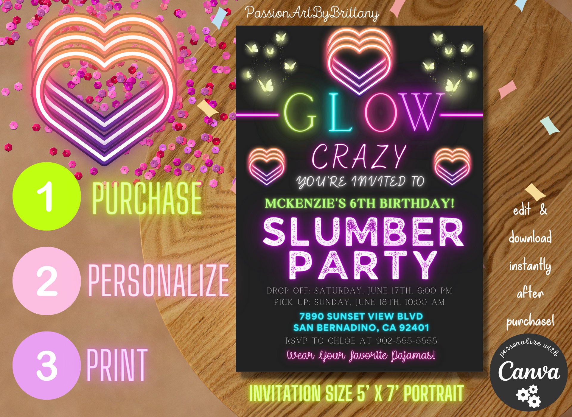 Girls Sleepover Birthday Party Invitation Glow Party Editable Template ...