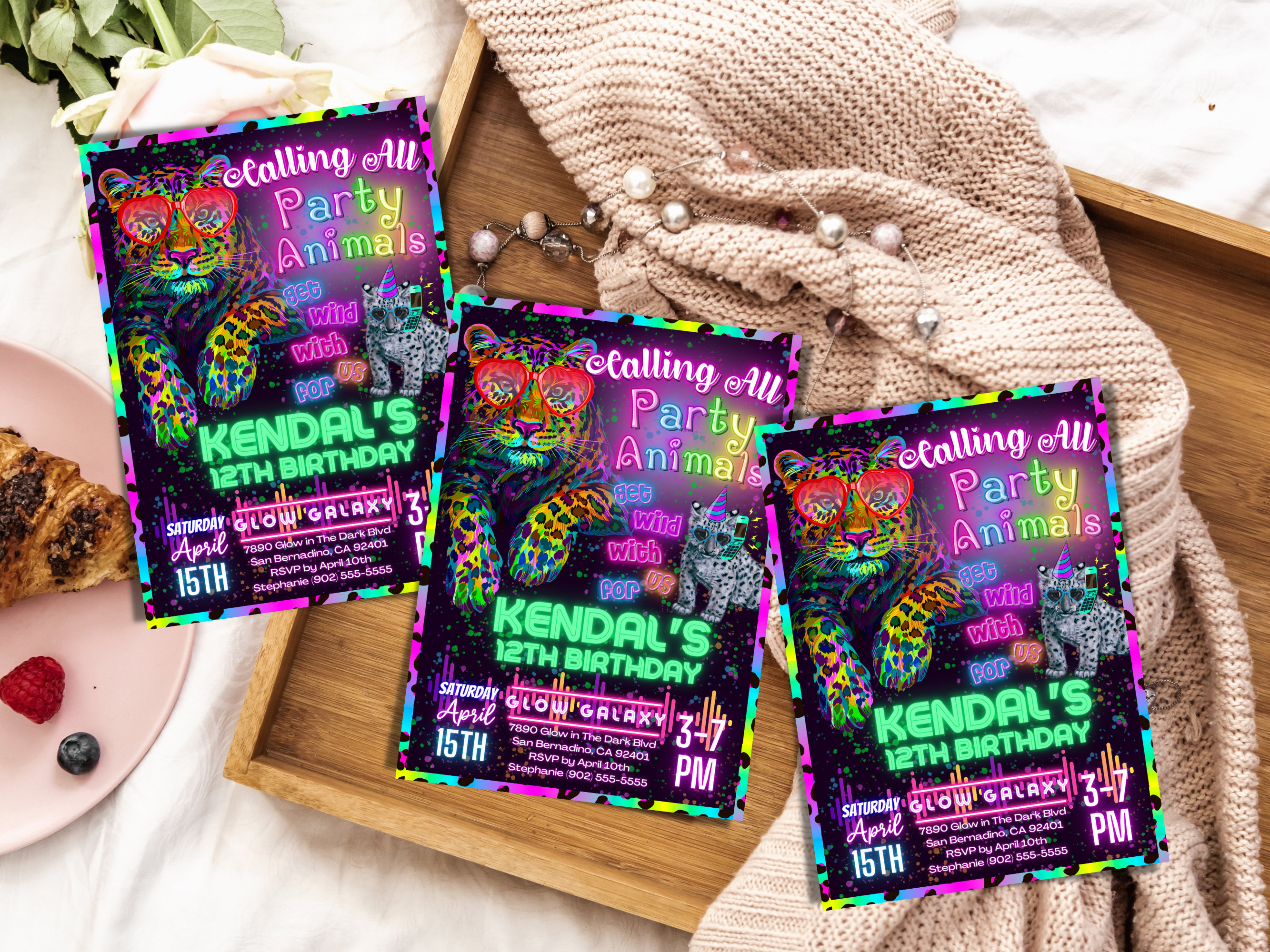 Rainbow Leopard Party Animals Birthday Invitation, Cheetah Print, Glow ...