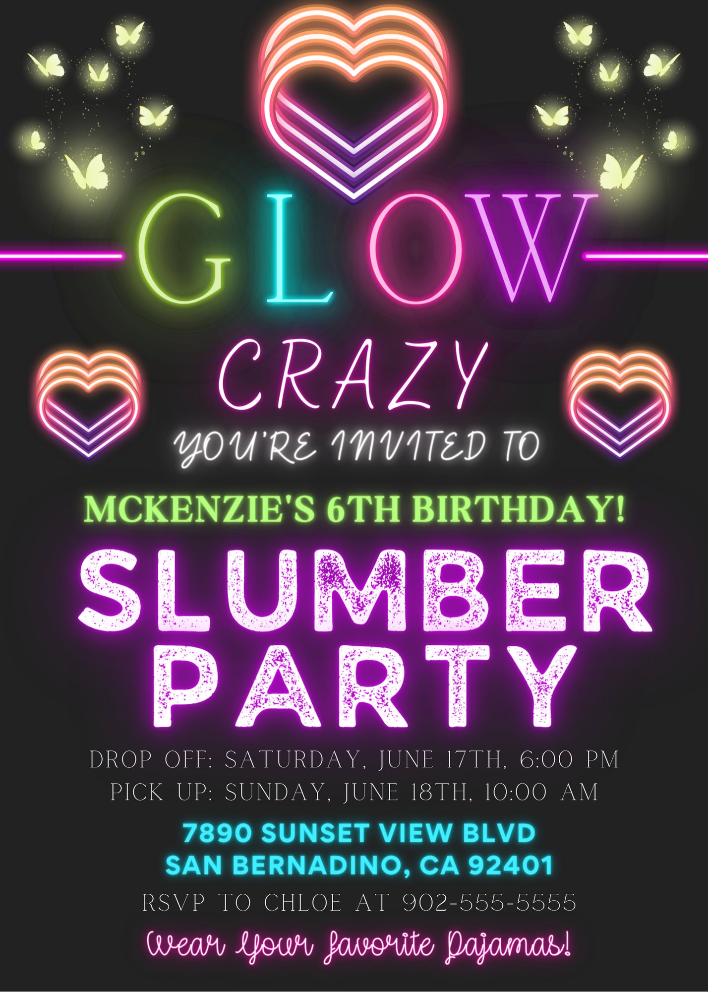 Girls Sleepover Birthday Party Invitation Glow Party Editable Template ...