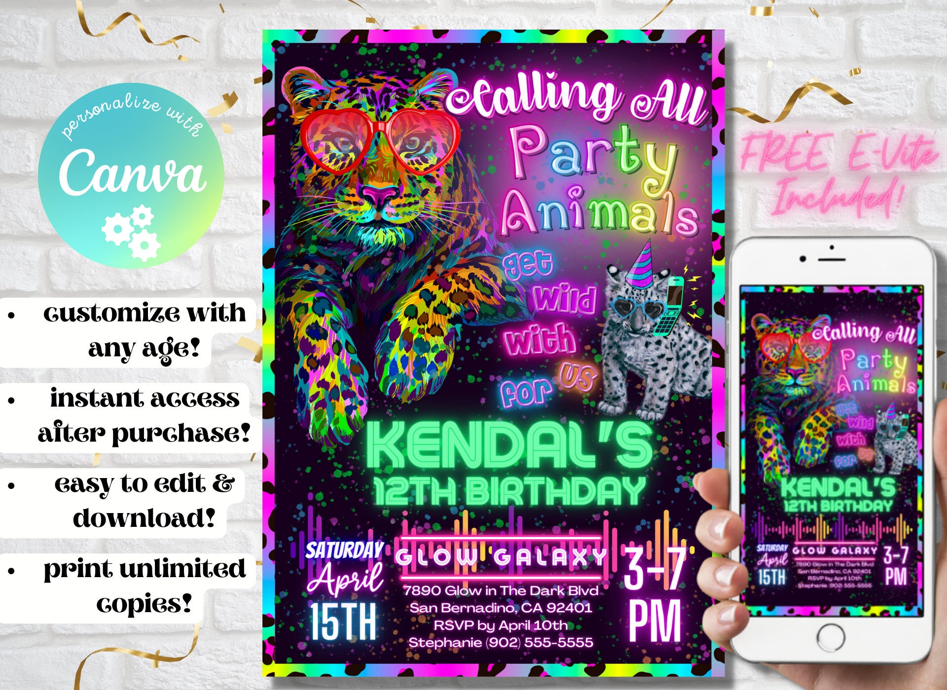 Rainbow Leopard Party Animals Birthday Invitation, Cheetah Print, Glow ...