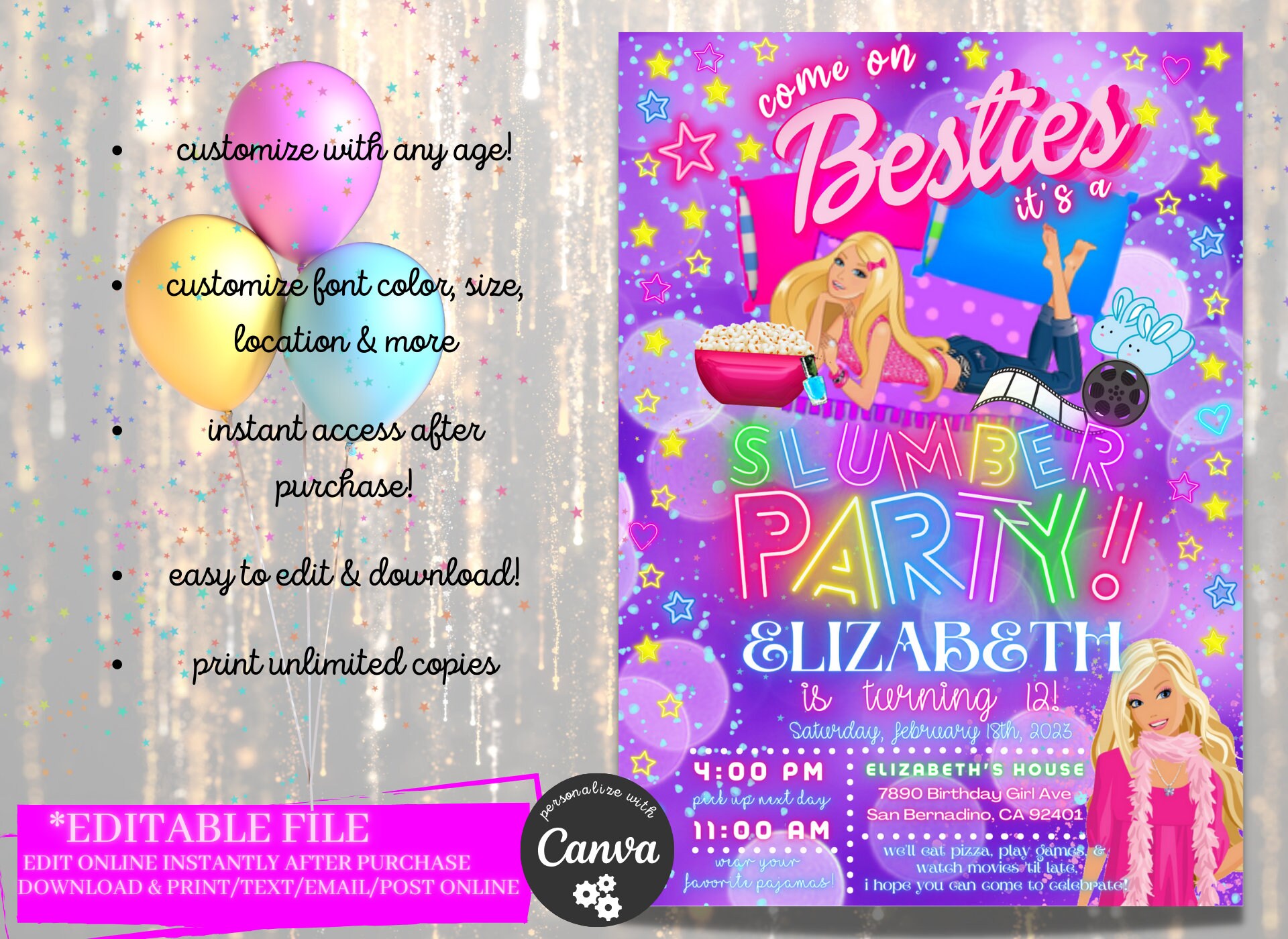 Doll Sleepover Slumber Party Invitation, Girls, Princess Rainbow Glow ...