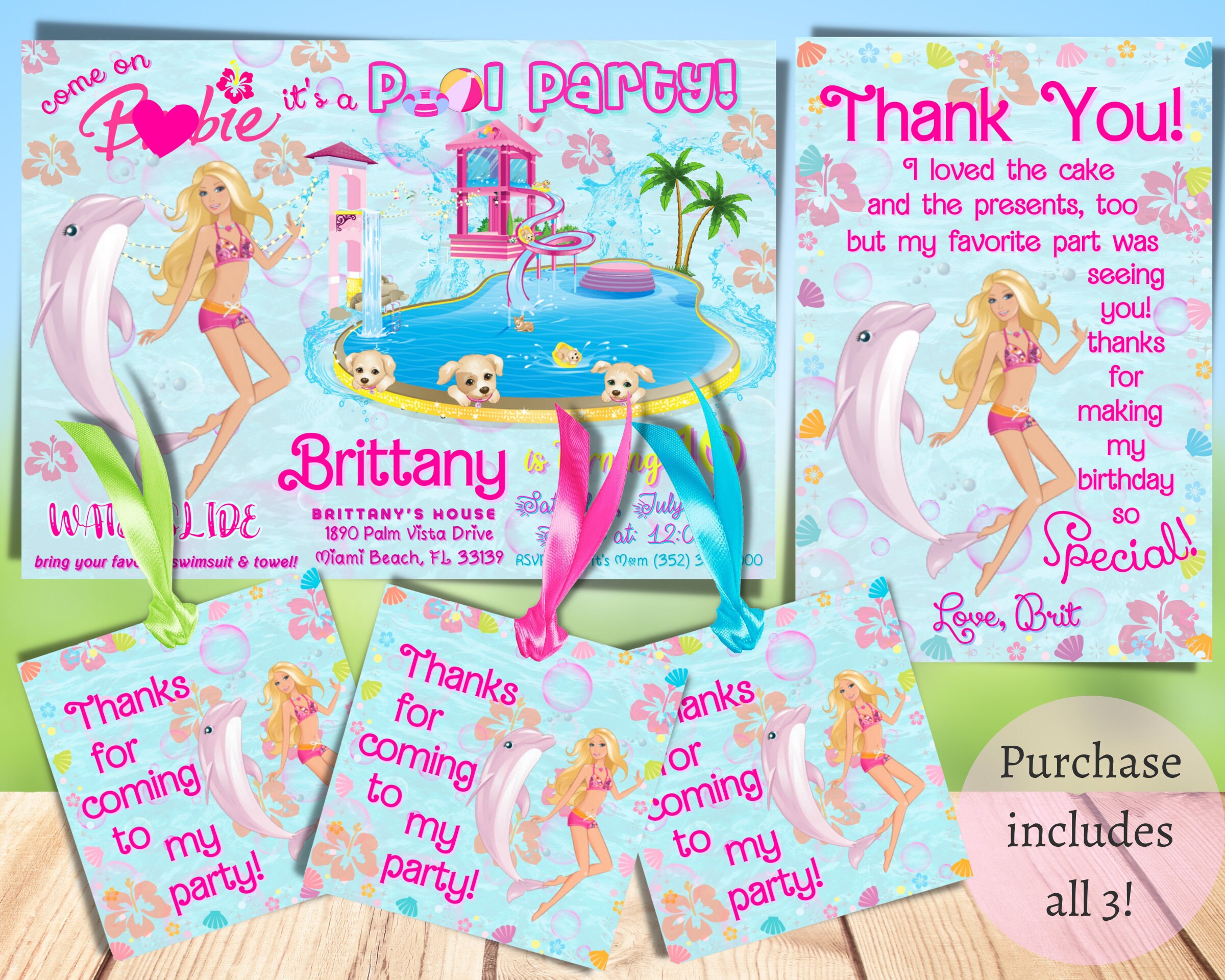 Barb Doll Dolphin Pool Party Invitation Summer Birthday - Etsy