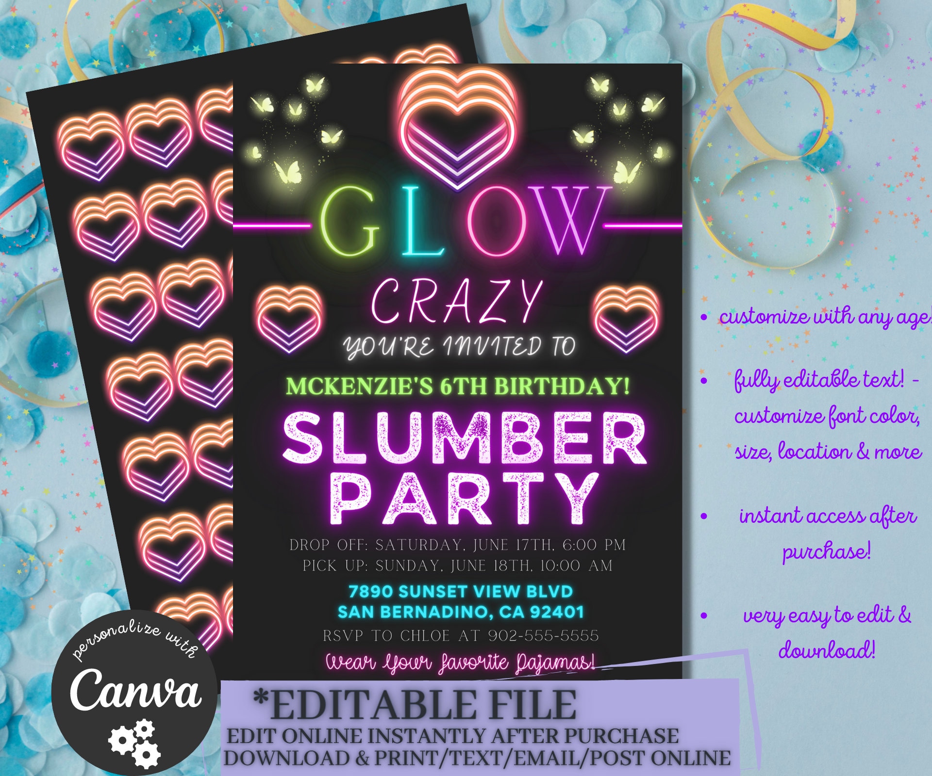Girls Sleepover Birthday Party Invitation Glow Party Editable Template ...