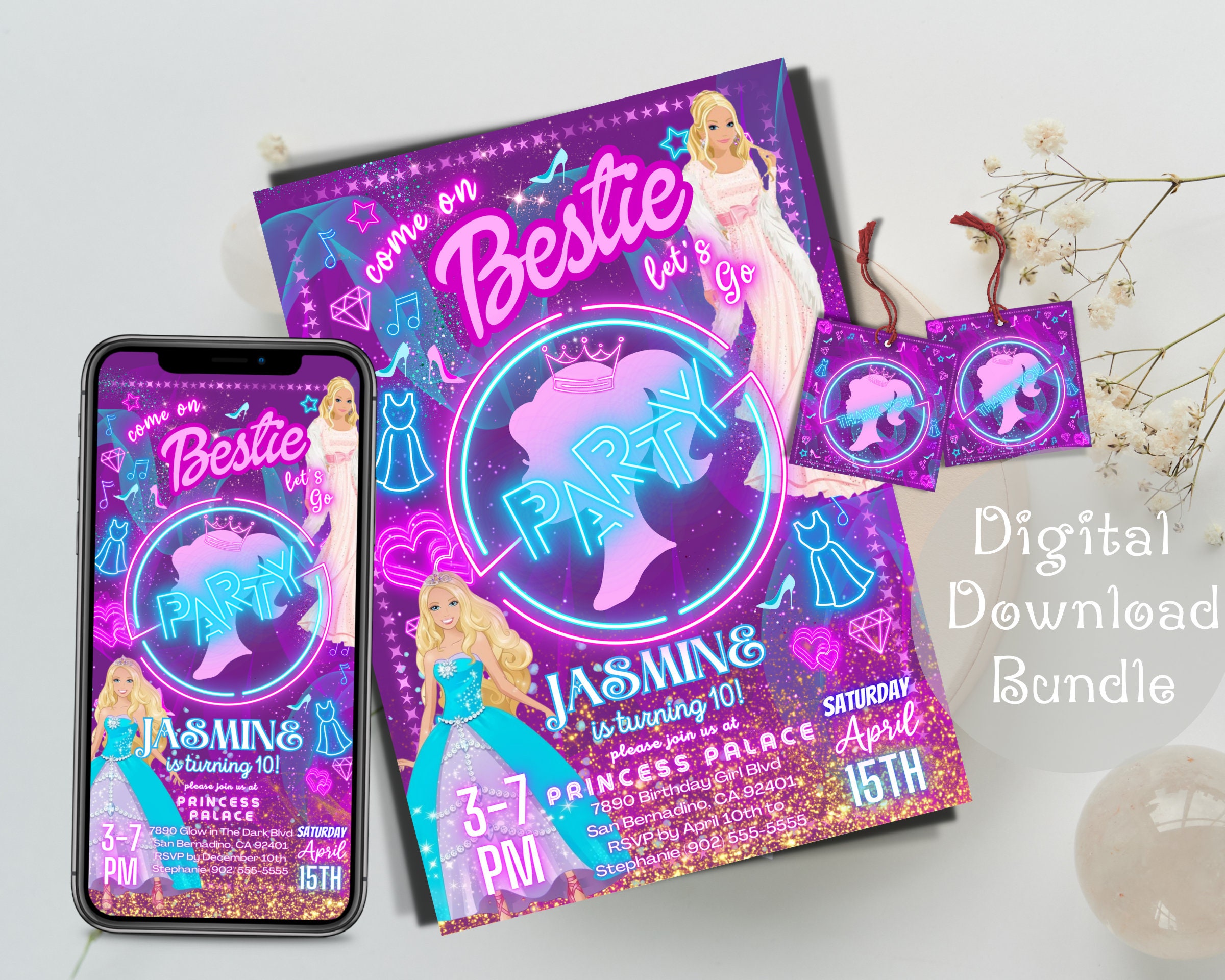 Barb Doll Invitation, Barb Doll Princess Party, Neon Purple Birthday ...