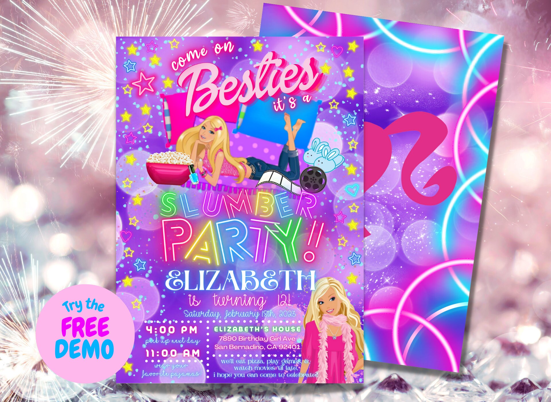 Doll Sleepover Slumber Party Invitation, Girls, Princess Rainbow Glow ...