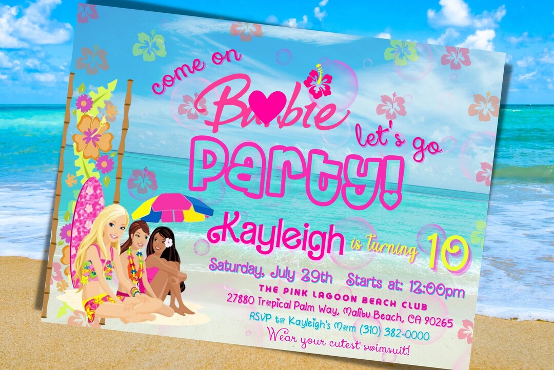 Tropical Beach Party Invitation Princess Beach Doll Instant Download ...