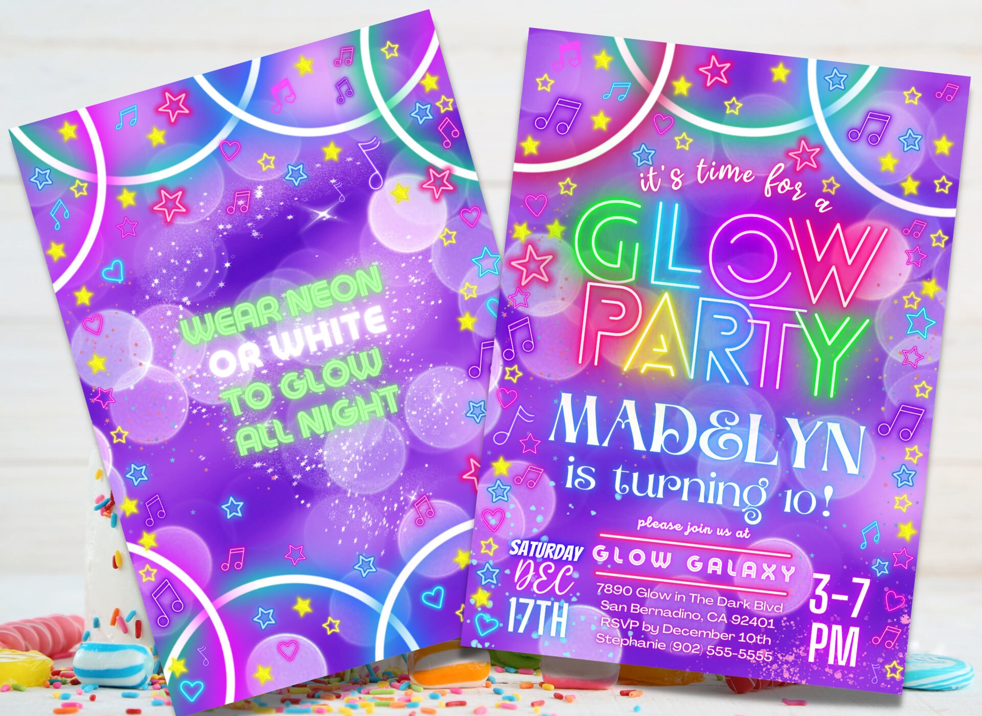 Purple Glow in the Dark Party Invitation Neon Birthday Kids Colorful ...