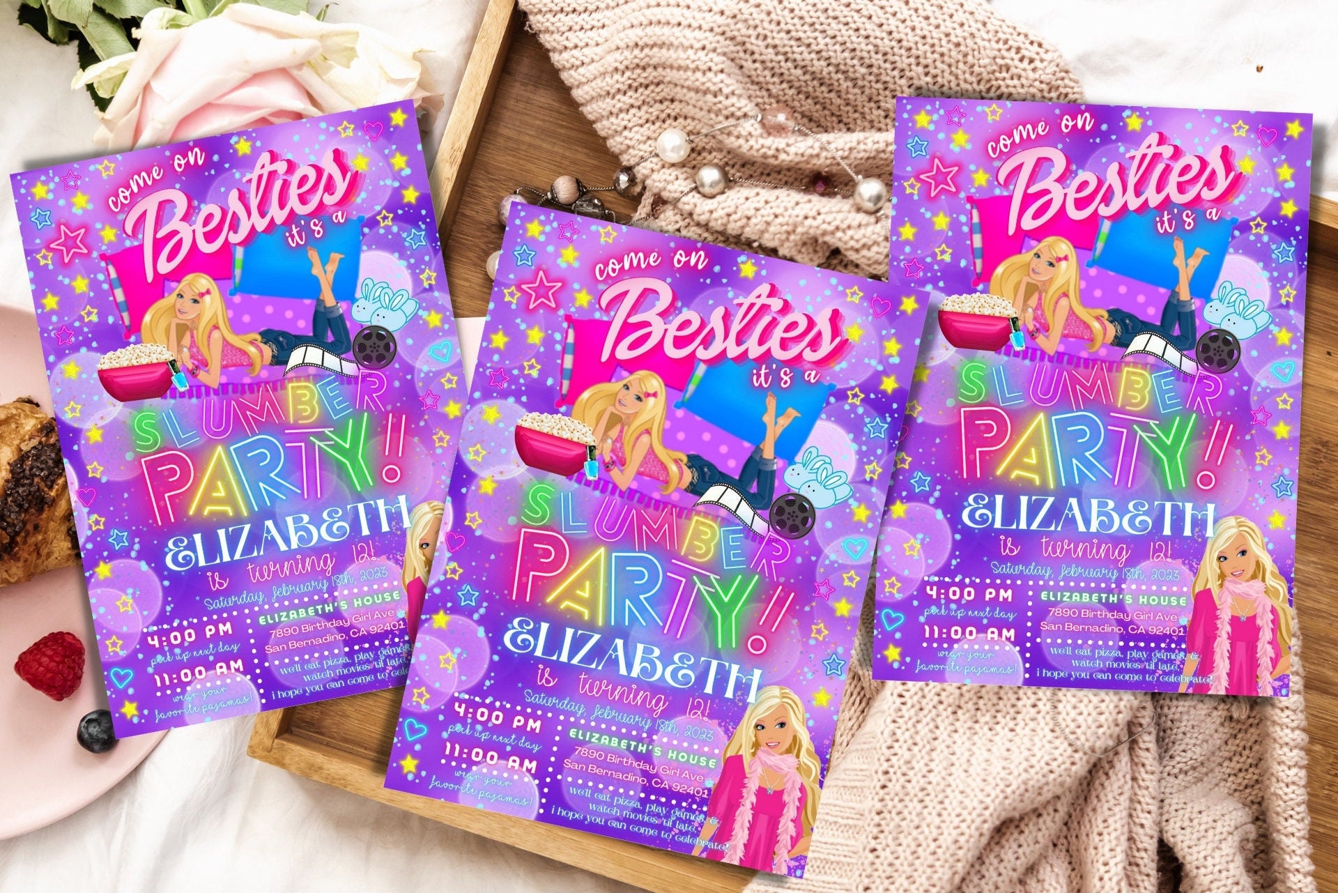 Doll Sleepover Slumber Party Invitation, Girls, Princess Rainbow Glow ...