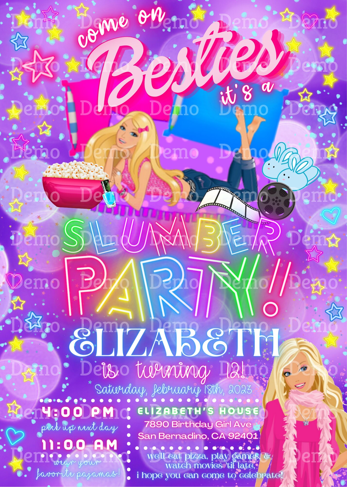 Doll Sleepover Slumber Party Invitation, Girls, Princess Rainbow Glow ...