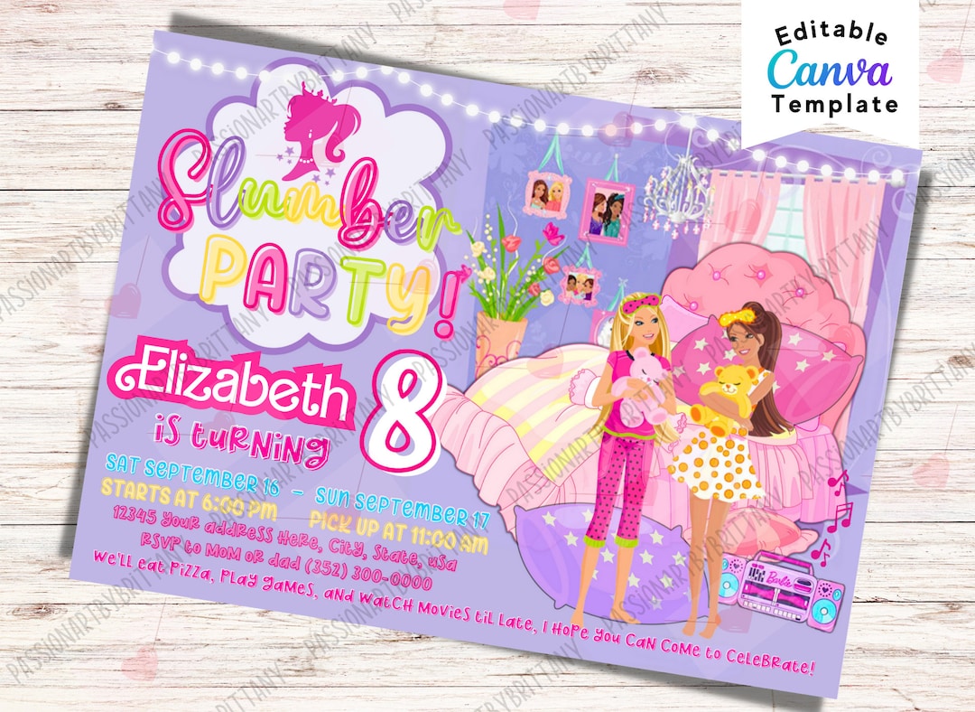 Barb Doll Slumber Party Invitation, Barb Doll Princess Sleepover Pajama ...