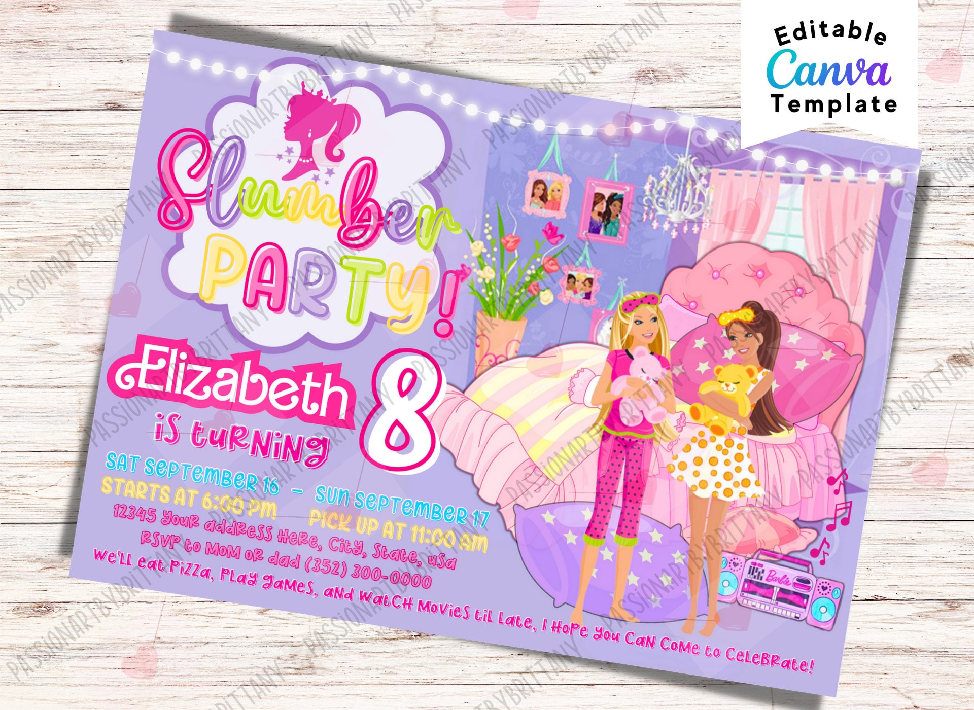 Barb Doll Slumber Party Invitation, Barb Doll Princess Sleepover Pajama ...