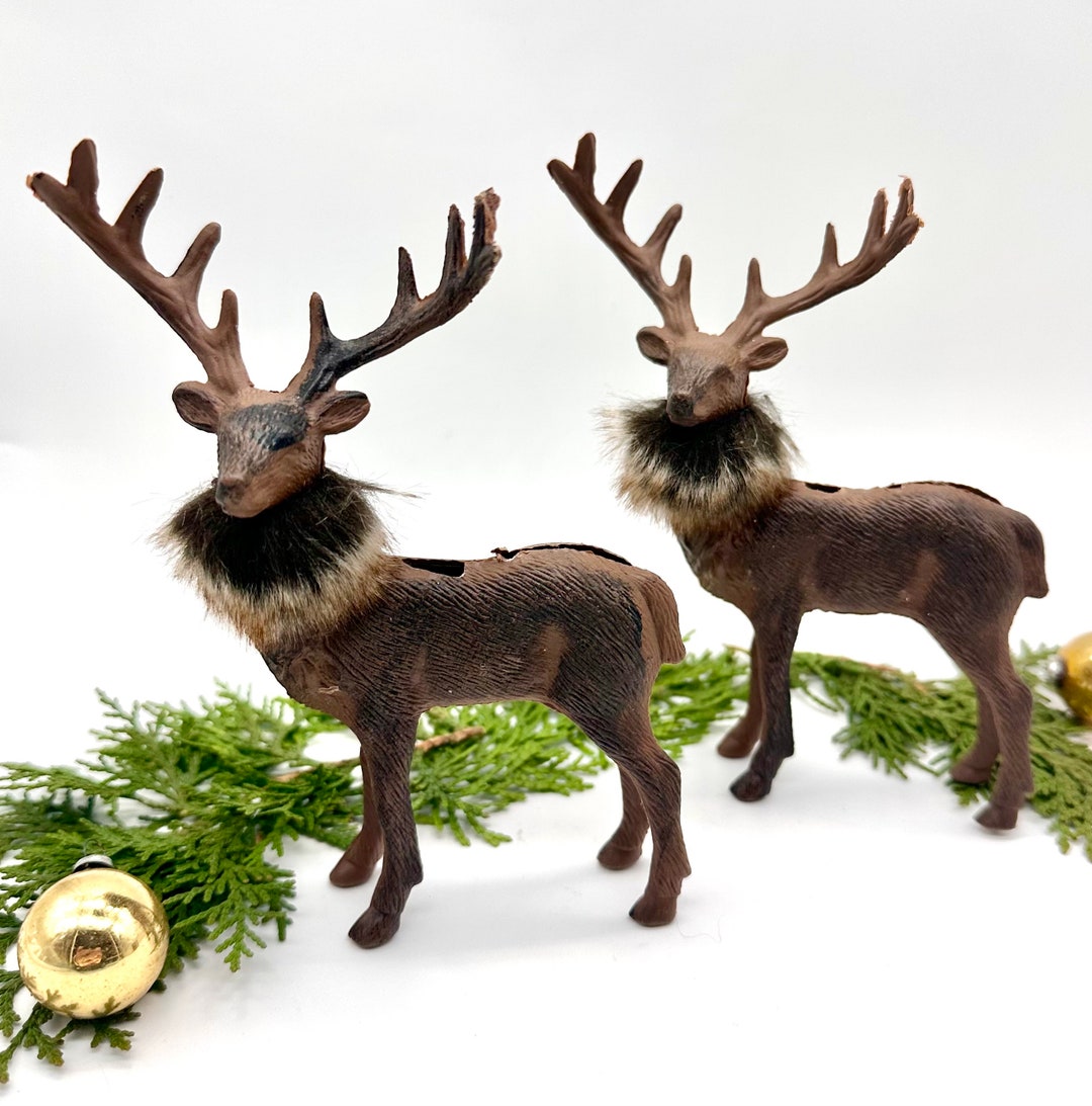 Vintage Pair of Hard Plastic Reindeer Figurines, Brown W/ Real Fur Trim ...
