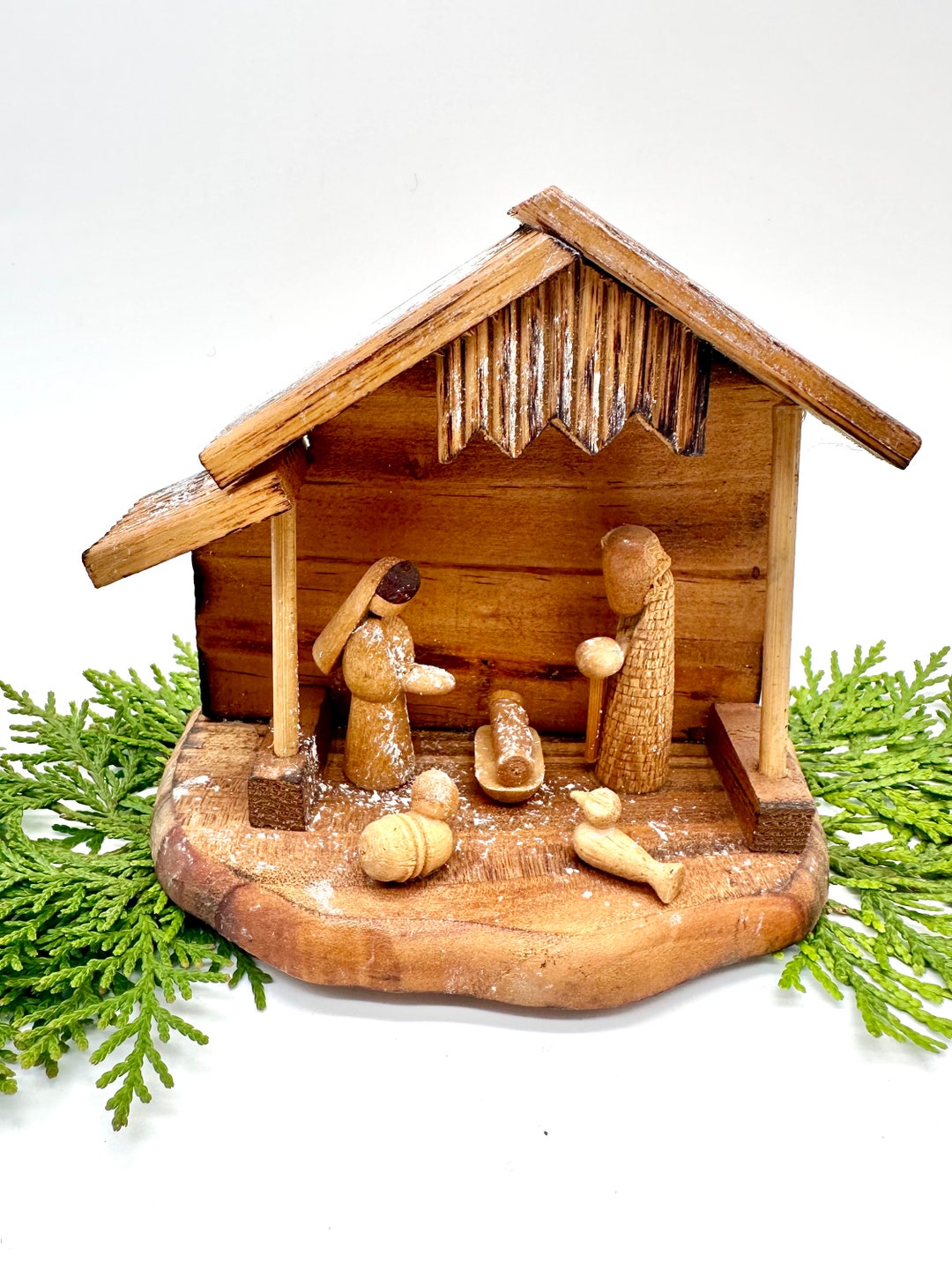 Vintage Hand Carved Small Tabletop Wood Nativity Scene in Creche ...