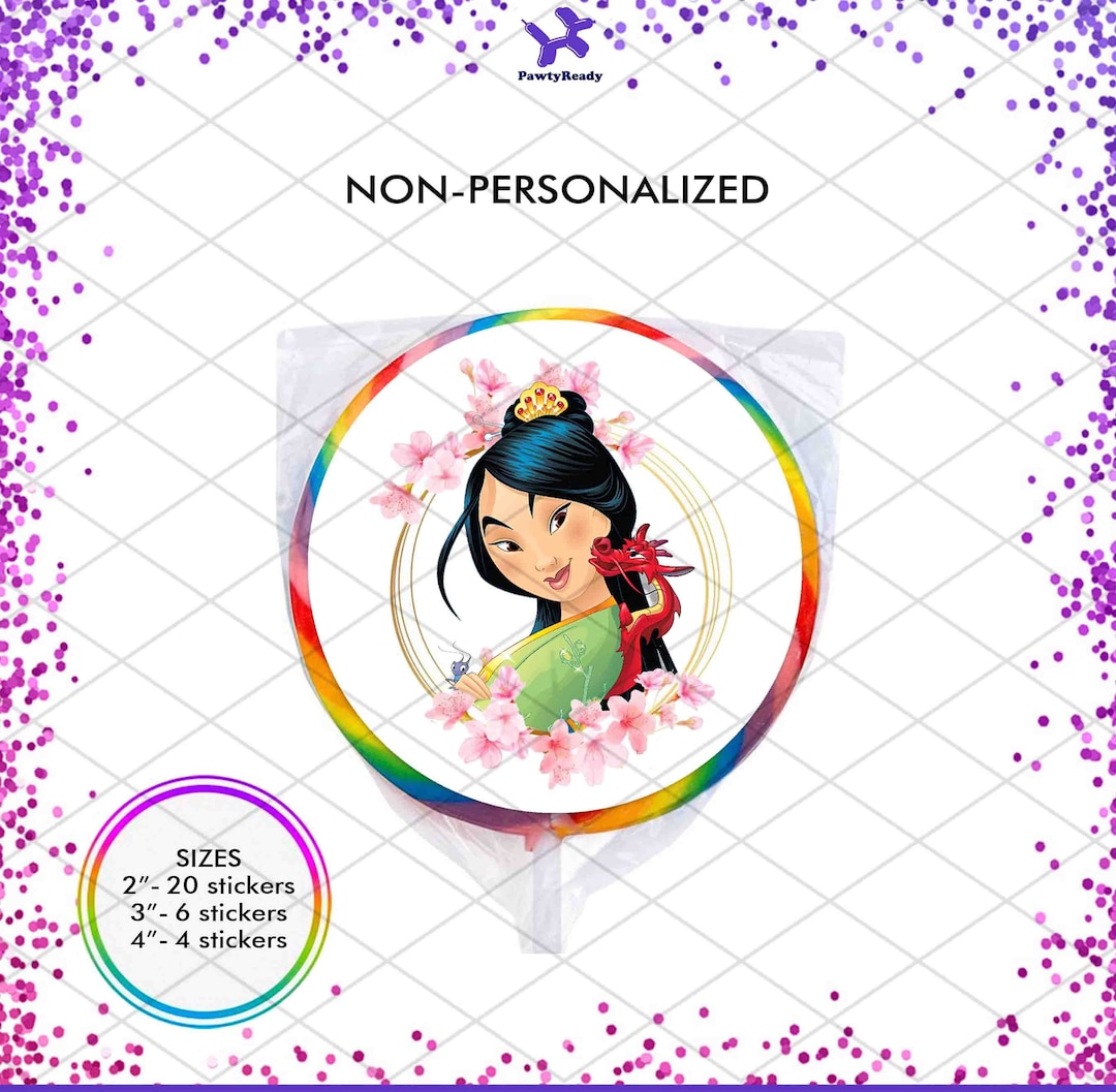 Mulan Sticker Labels Birthday Party Favor Treat Bags Boxes Decorations ...