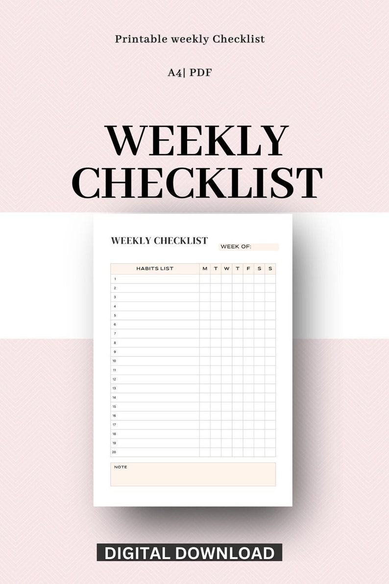 Weekly Checklist Printable, to Do List Template, Weekly Checklist ...