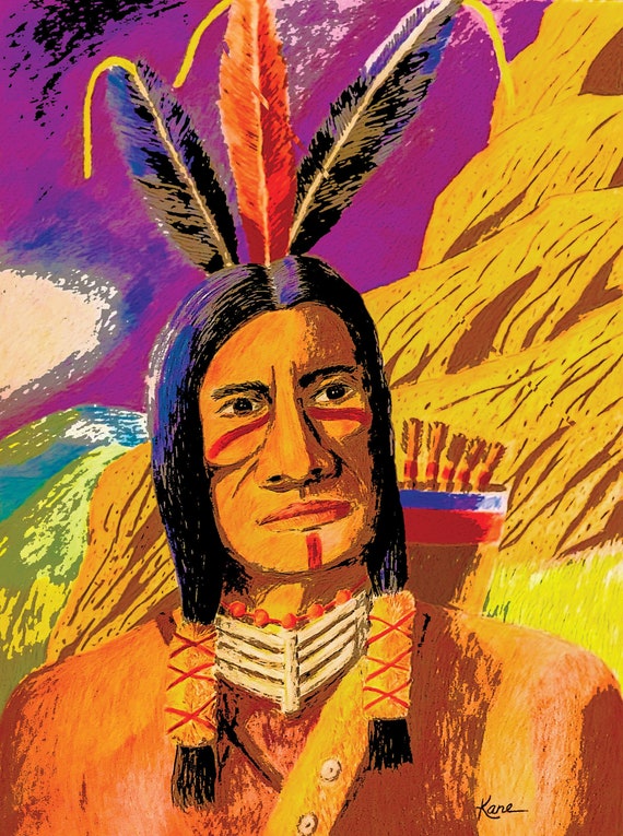 Native American Indian Man Drawing Original Vintage Pastel Portrait Of