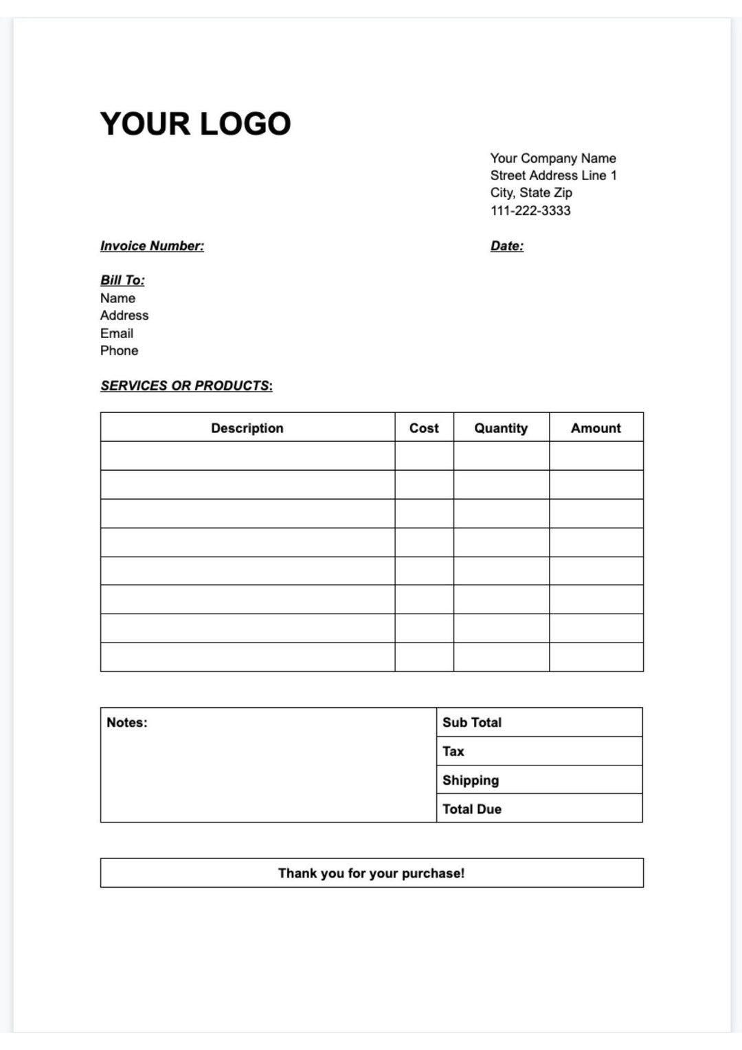 Invoice Template Google Docs/word/pdf. Printable Invoice Invoice Form ...