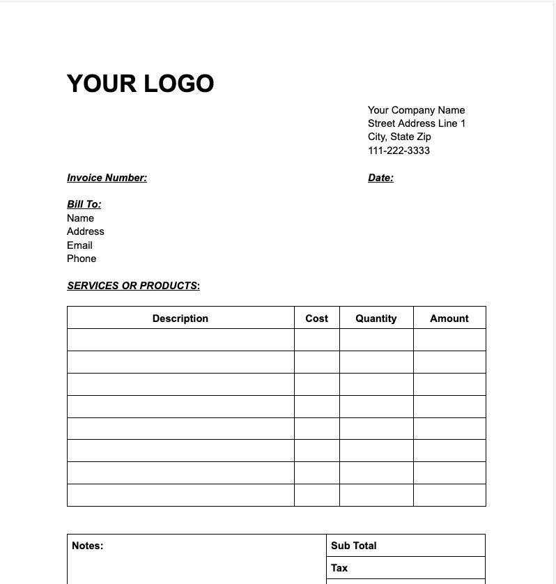 Invoice Template Google Docs/word/pdf. Printable Invoice Invoice Form ...