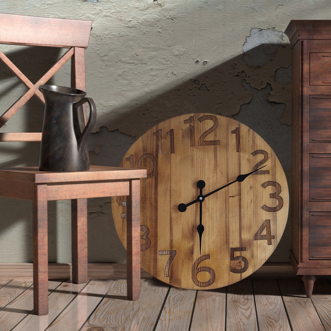 Large Rustic Wooden Wall Clock Antique Style Silent Battery Operated ...