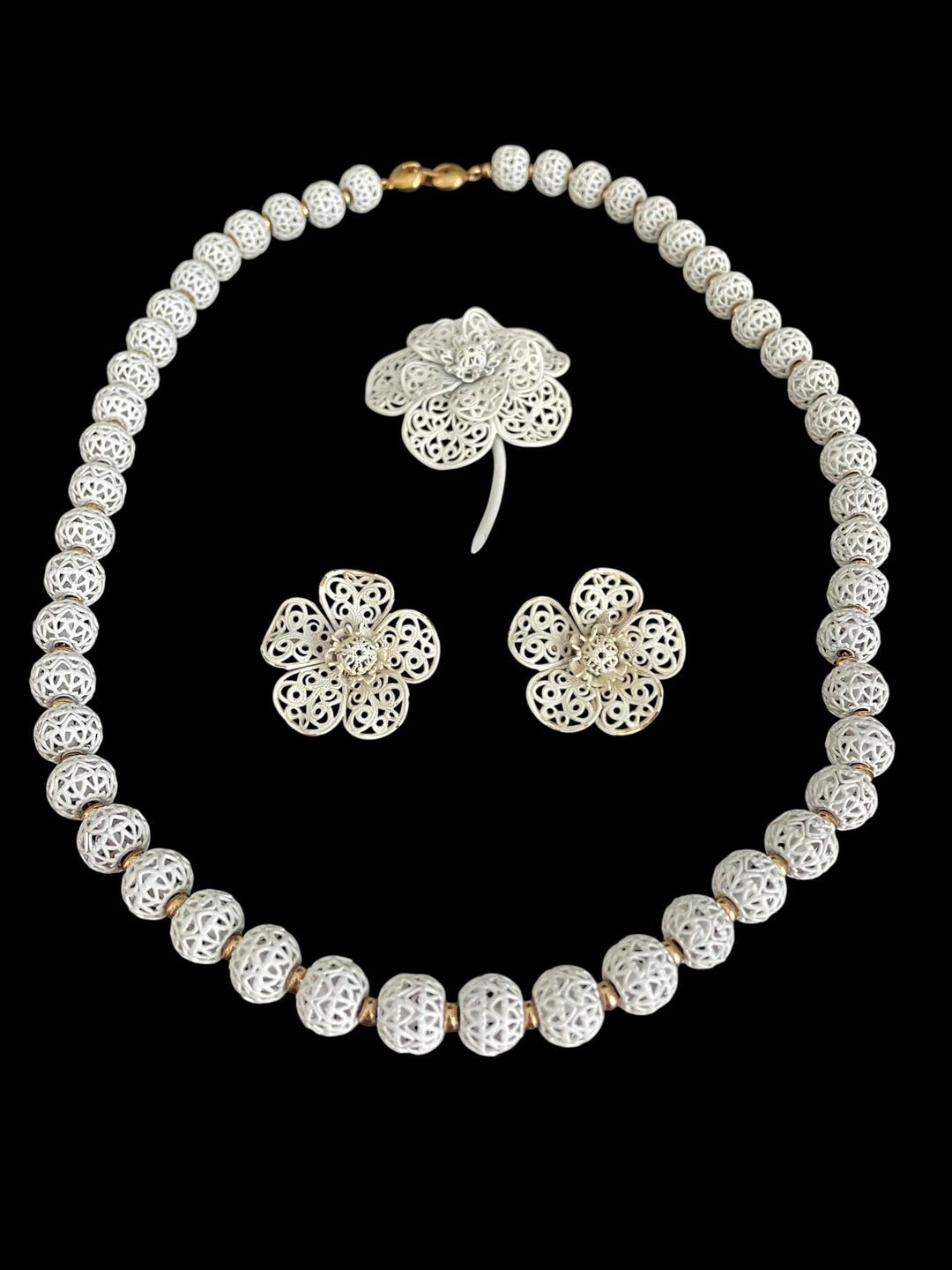 Vintage Signed Monet Jewelry Set Featuring a White Filigree Necklace ...