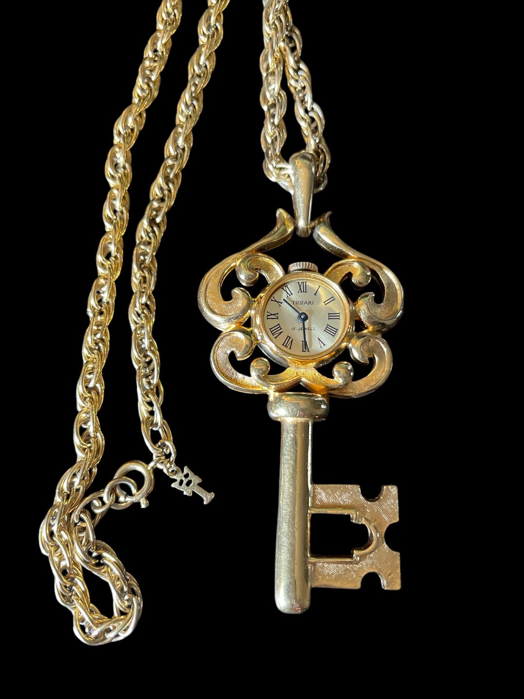 Crown Trifari Gold Skelton Key Watch Necklace - Etsy