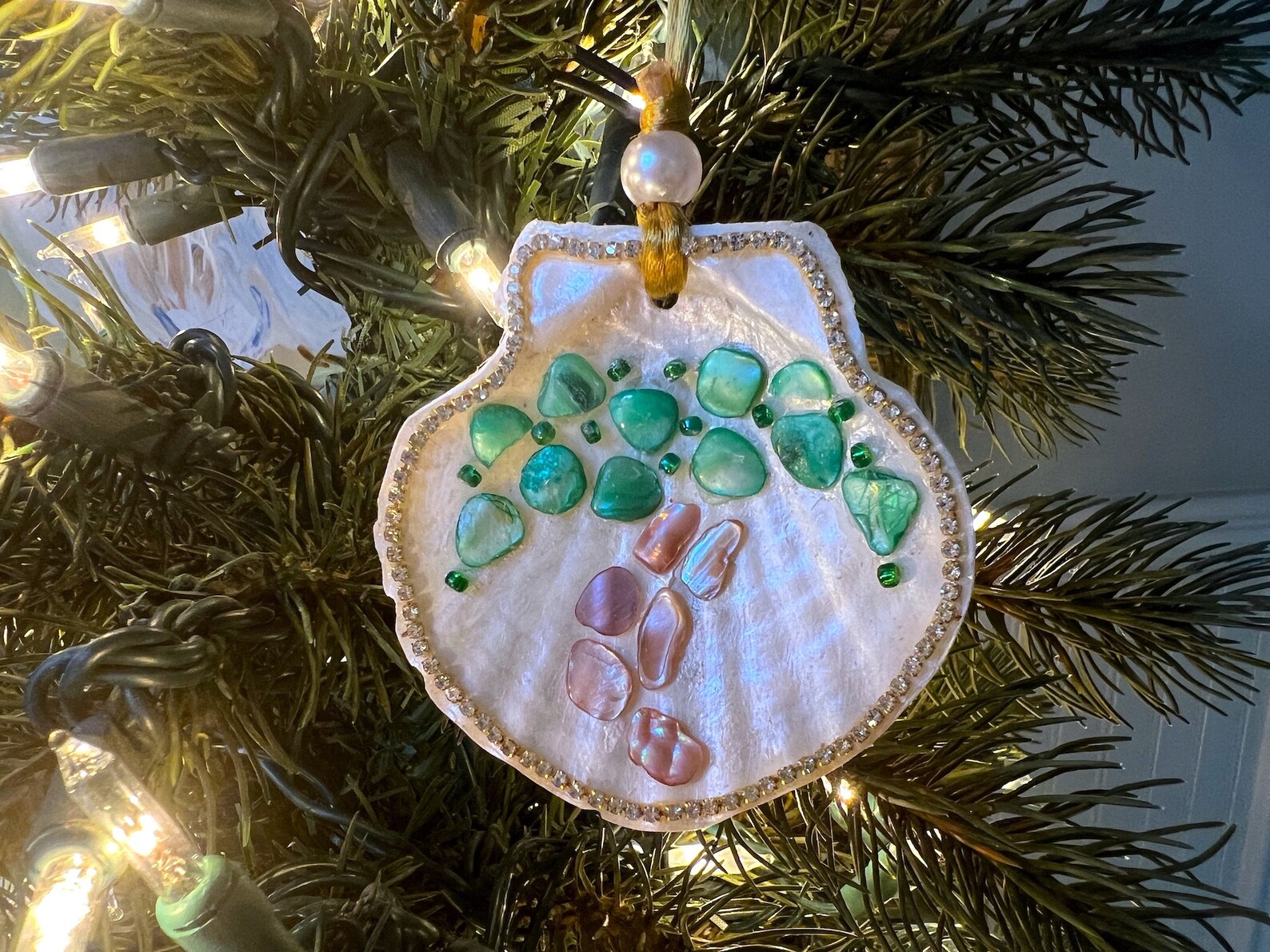 Shell Christmas Ornament, Scallop Shell, Mosaic, Ocean Wave, Palm Tree ...