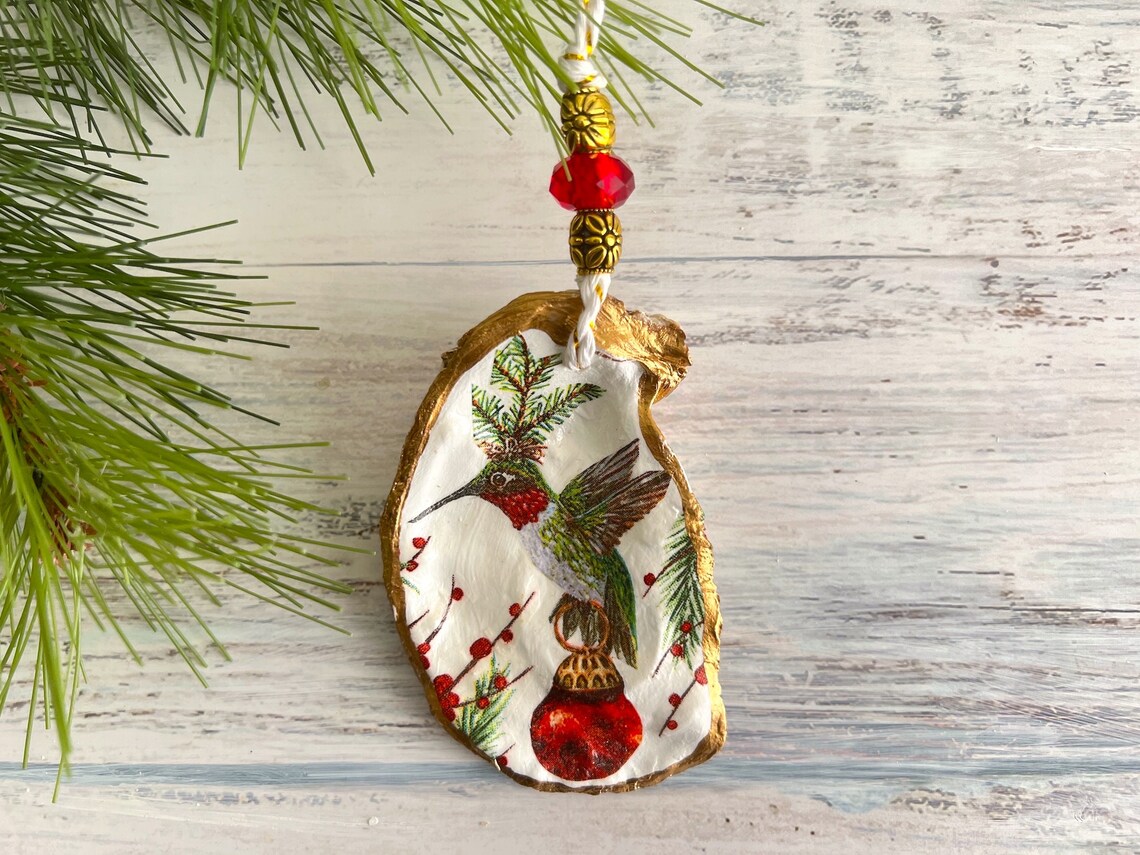 Oyster Shell Christmas Ornament Whimsical Hummingbird or - Etsy