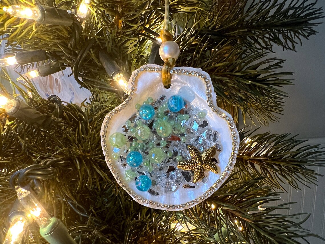 Shell Christmas Ornament, Scallop Shell, Mosaic, Ocean Wave, Palm Tree ...