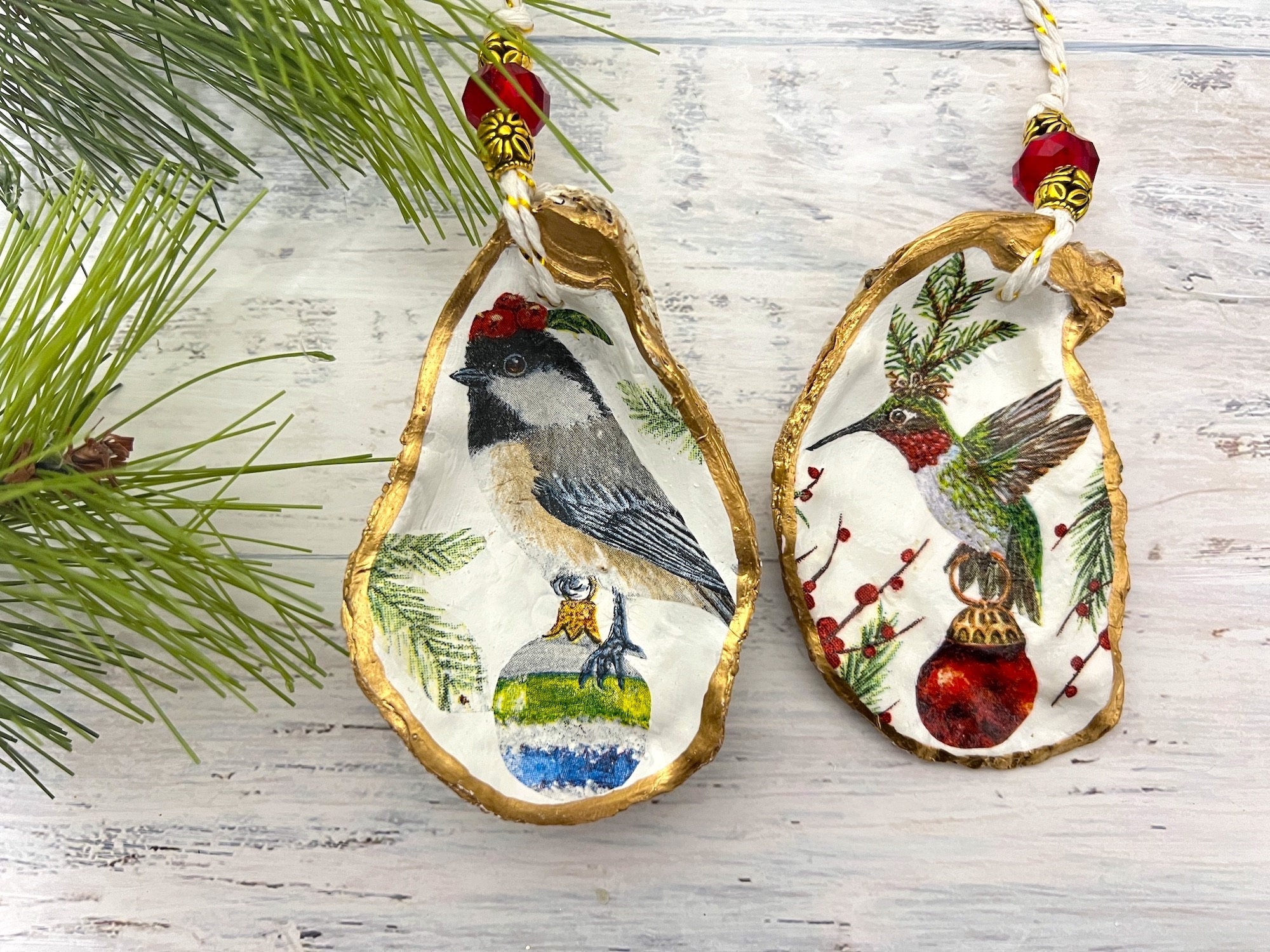 Oyster Shell Christmas Ornament, Whimsical Hummingbird or Chickadee - Etsy
